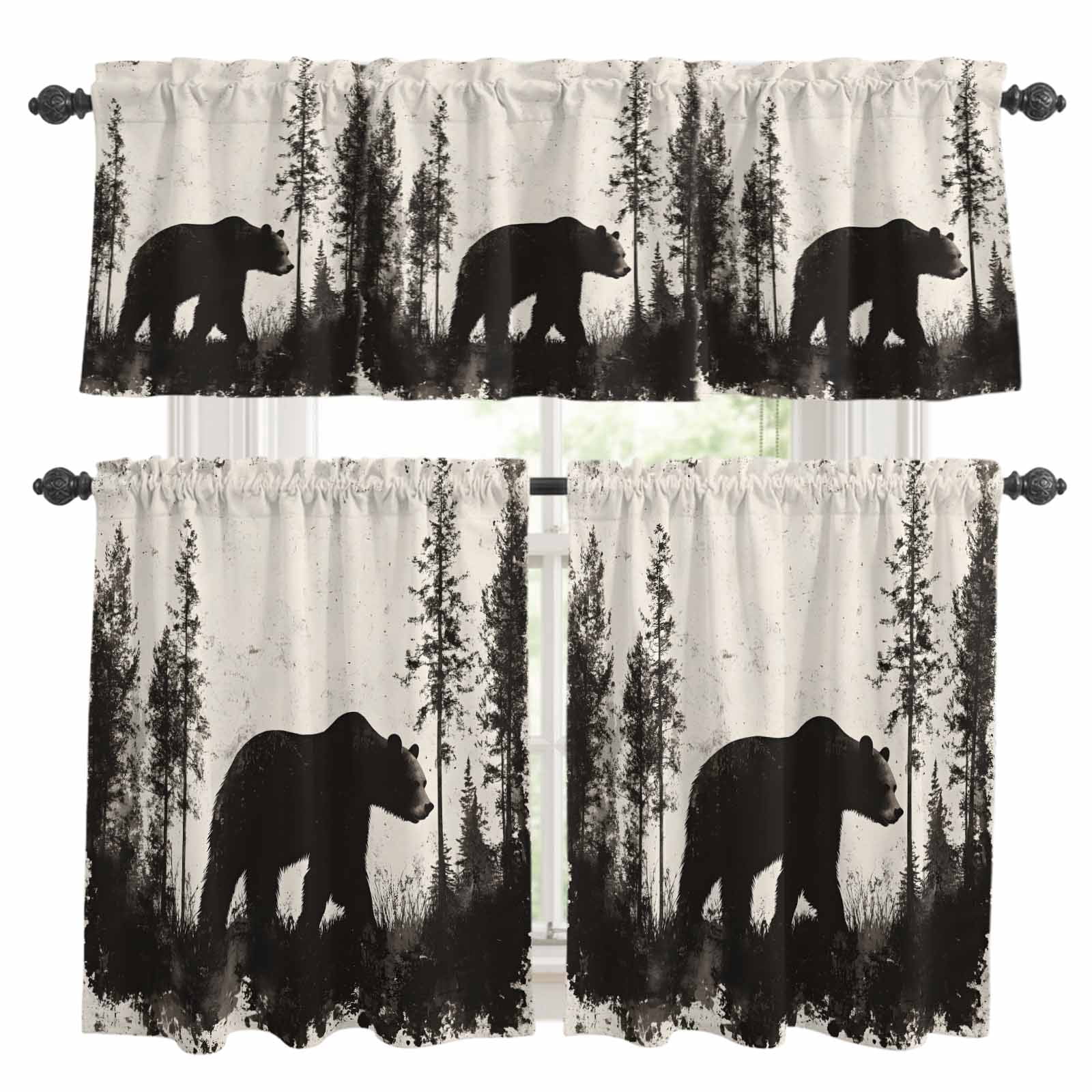 3 Piece Brown Bear Forest Silhouette Kitchen Curtain Valance and Tiers ...