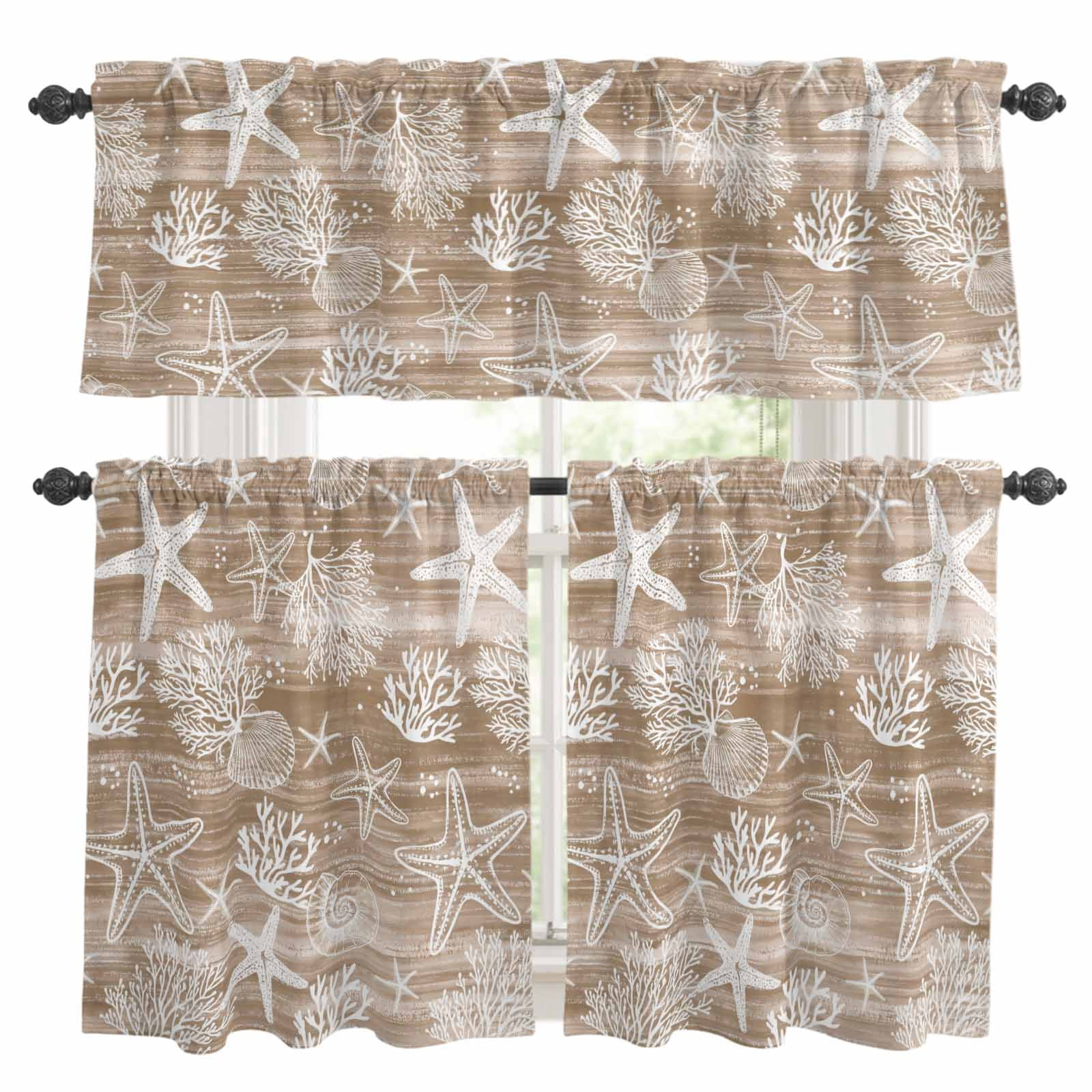 3 Piece Brown Coastal Kitchen Curtain Valance and Tiers Set Nautical ...