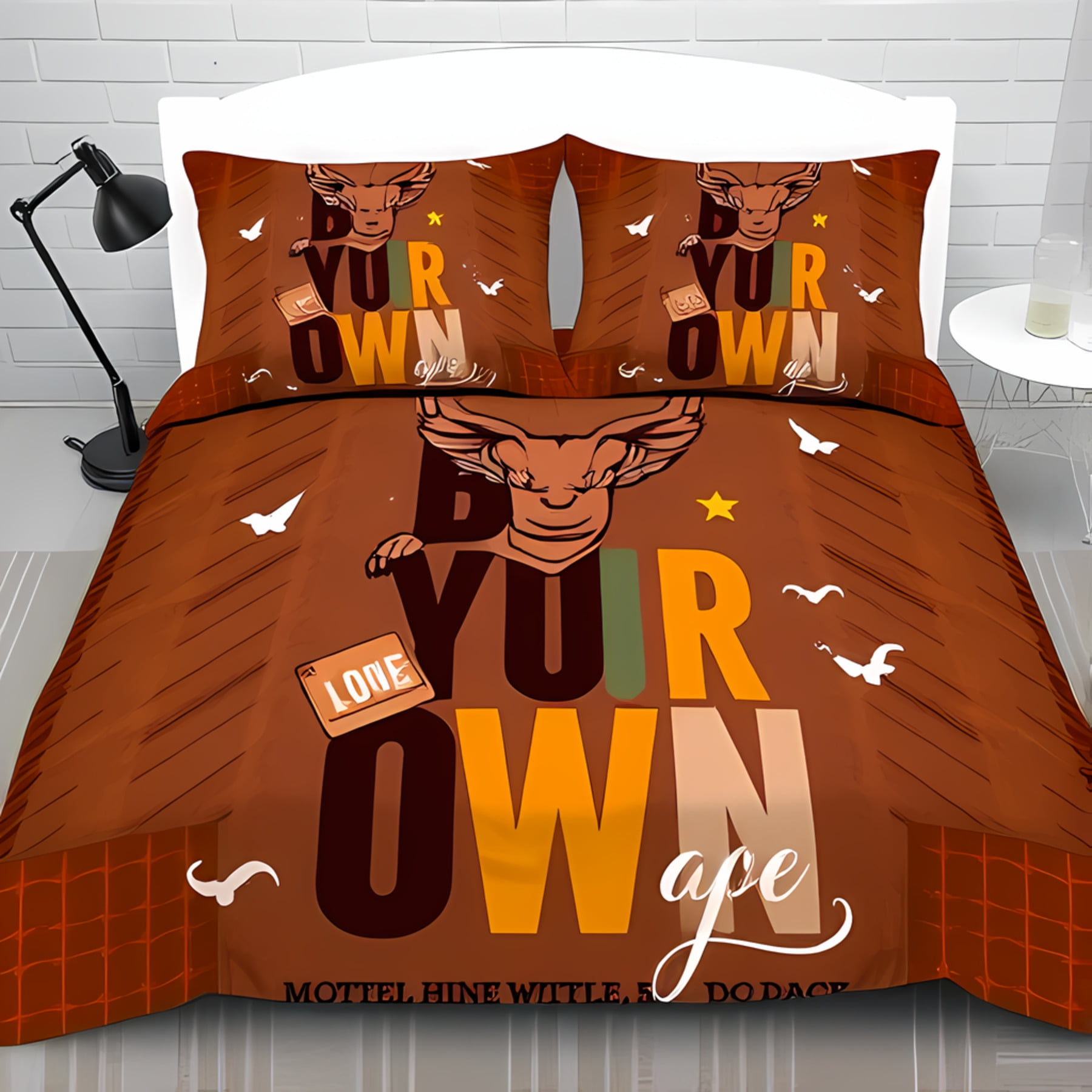 3-Piece Brown Duvet Cover Set with Winged Ape Design & Whimsical Birds ...
