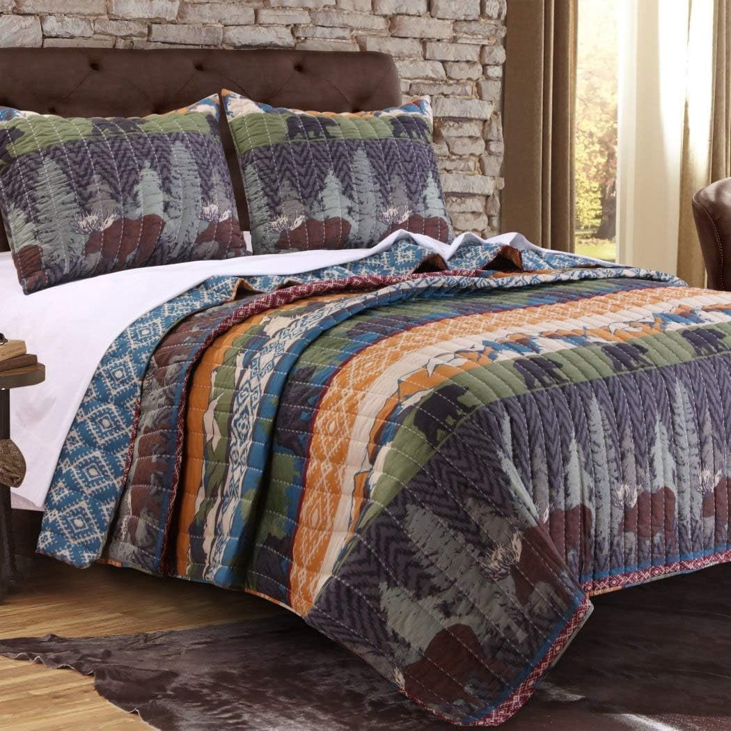 3 Piece Brown Lodge Theme Full Queen Quilt Set, Rustic Animal Print ...