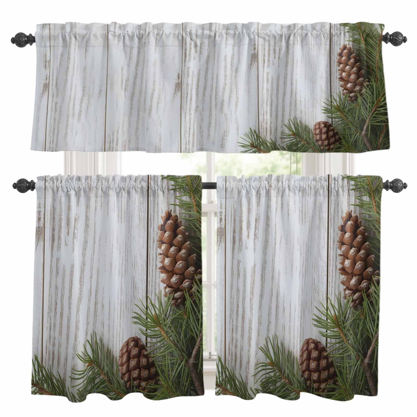 3 Piece Brown Pine Fruit Kitchen Curtain Valance and Tiers Set Vintage ...