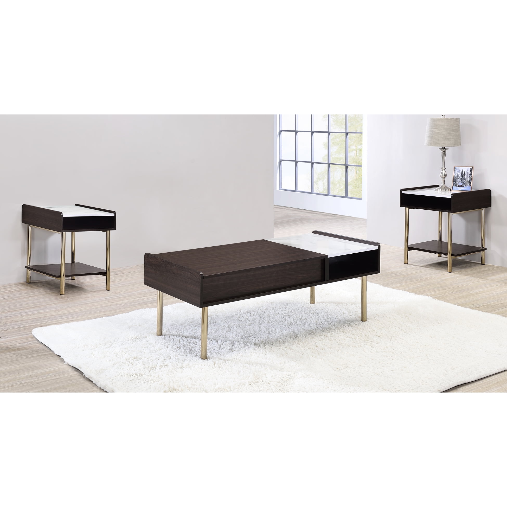 3 Piece Brown Table - Veneered Tops With Marble & Walnut Touch. Made ...
