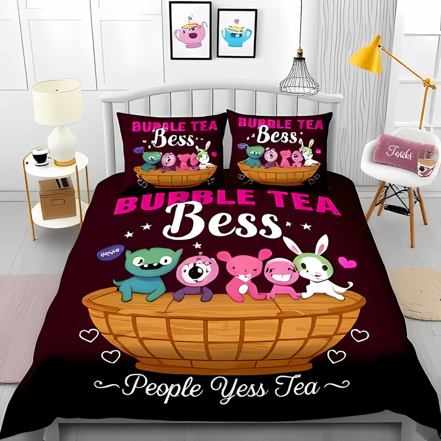 3-Piece Bubble Tea Duvet Cover Set - Whimsical Cartoon Characters ...