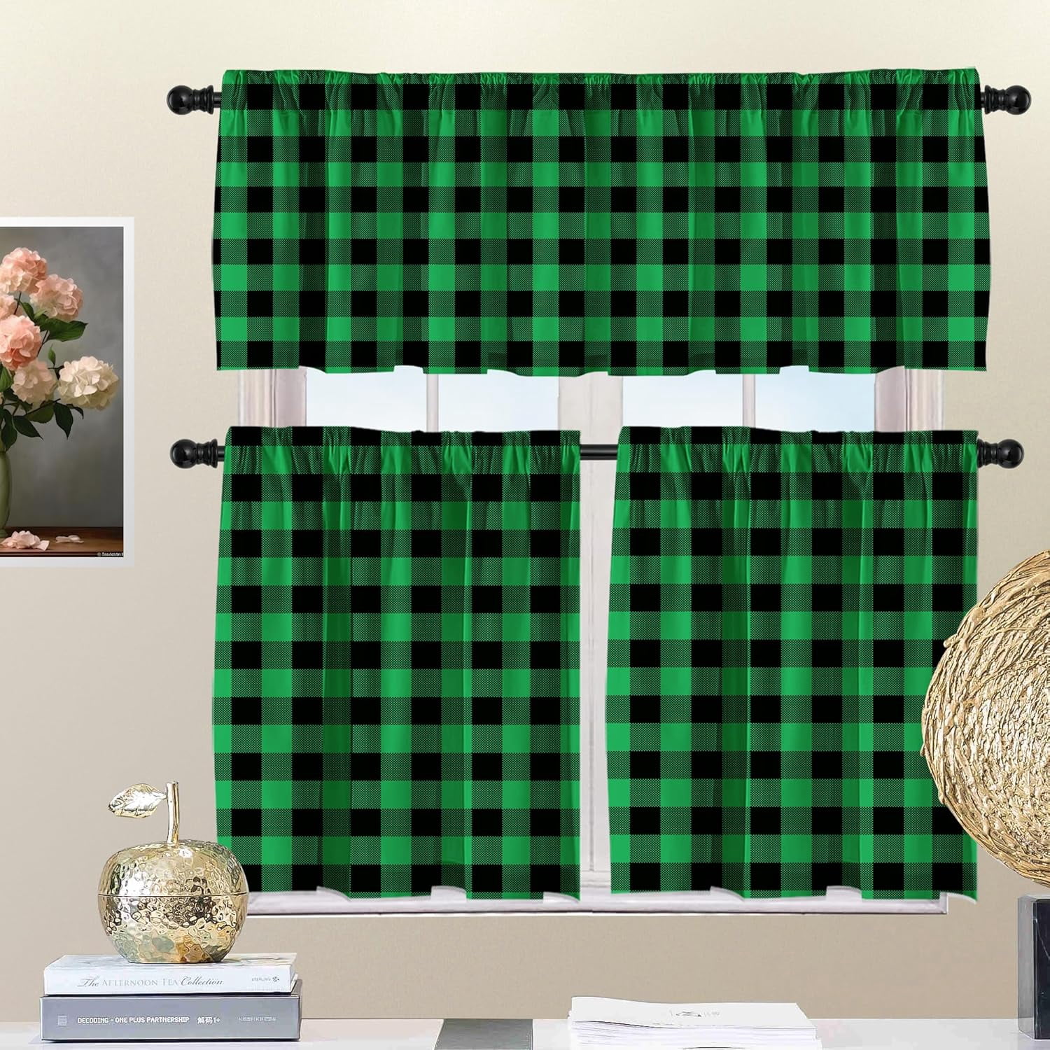 3-Piece Buffalo Check Tiers and Valances Set Green and Black Farmhouse ...