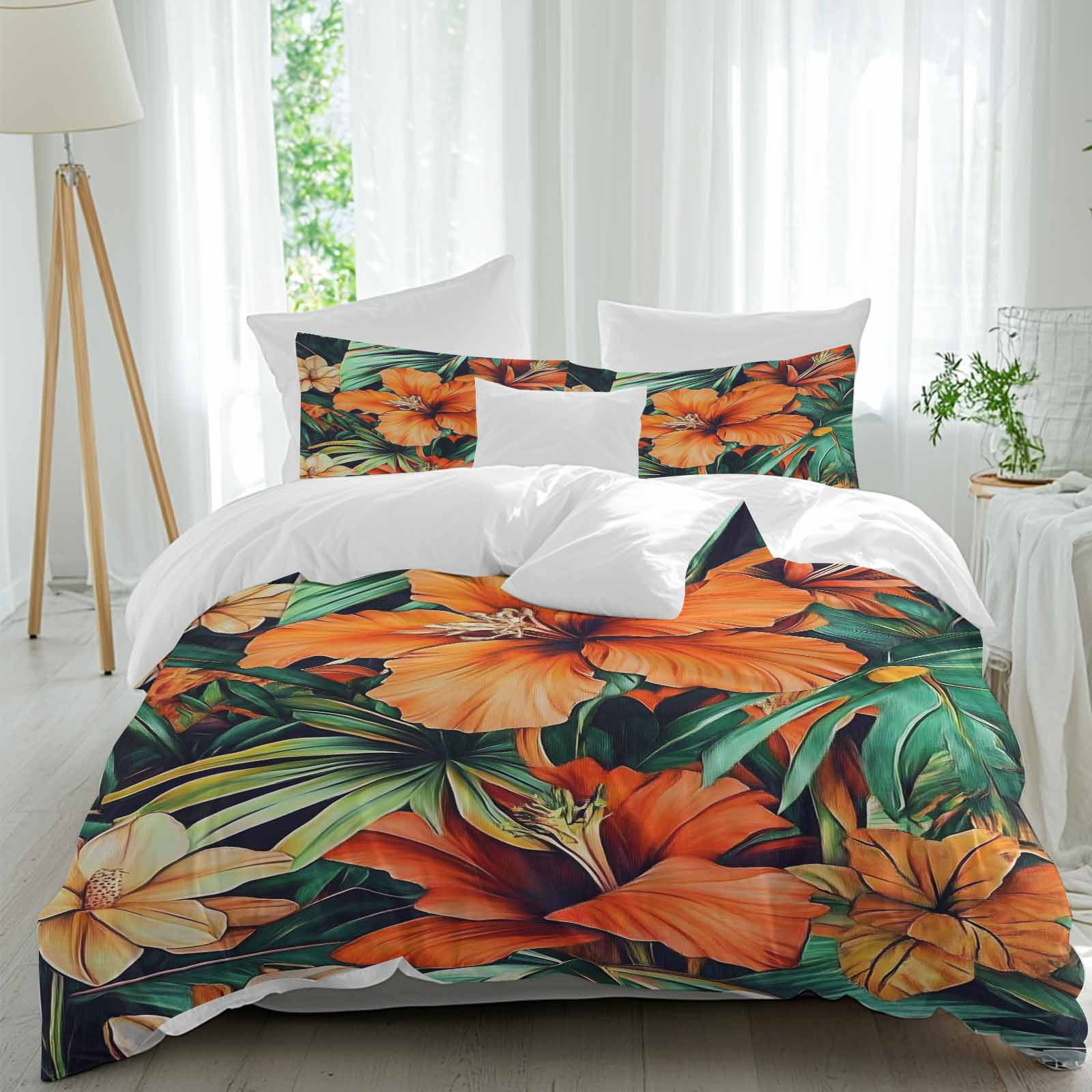3 Piece Burnt Orange Floral Duvet Cover Set Full Size,Microfiber ...