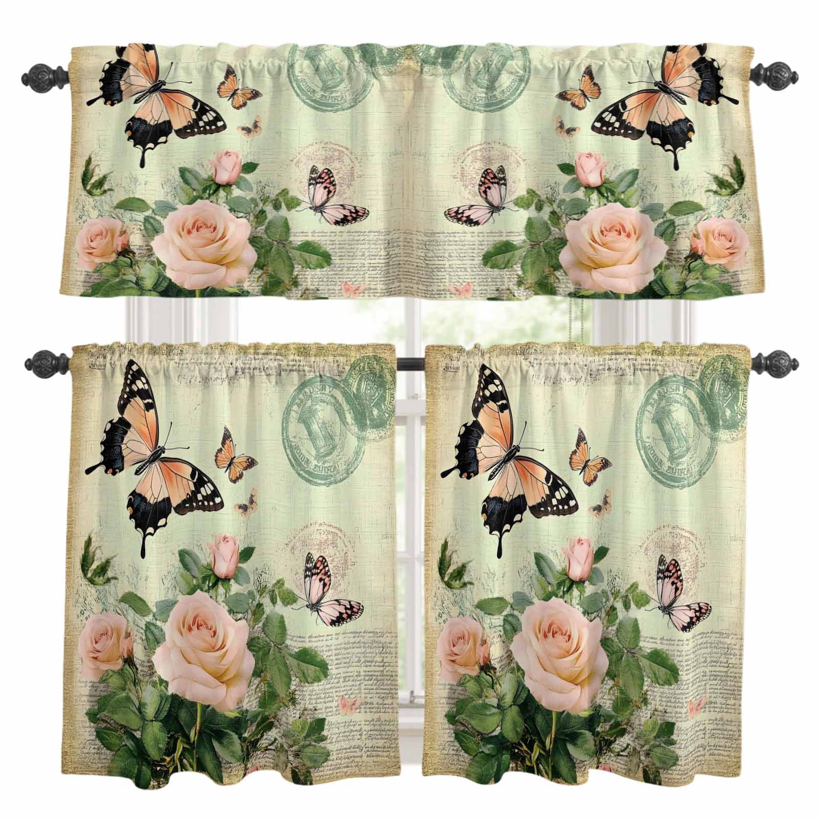 3 Piece Butterfly Rose Kitchen Curtain Valance and Tiers Set Vintage ...