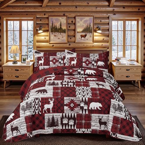 3 Piece Cabin Full/Queen Quilt Sets Christmas Rustic Reversible ...