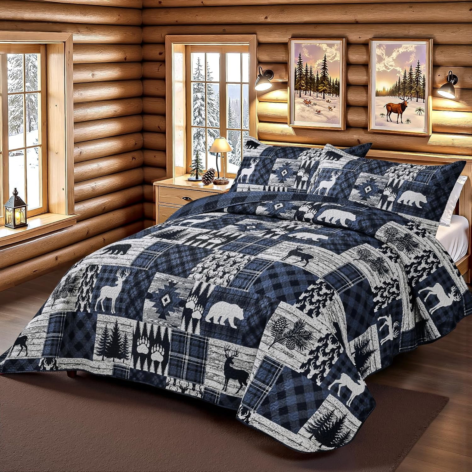 3 Piece Cabin Full/Queen Quilt Sets Farmhouse Rustic Reversible ...