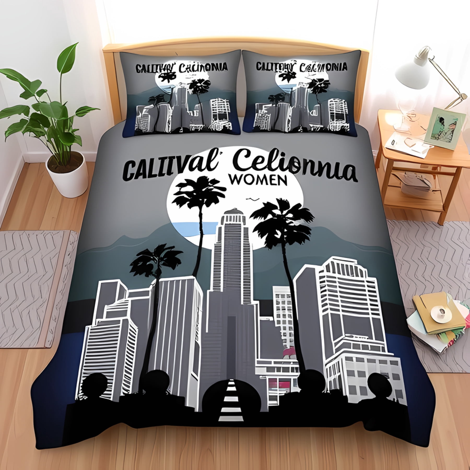 3-Piece California Cityscape Duvet Cover Set - Night Sky with Trees ...