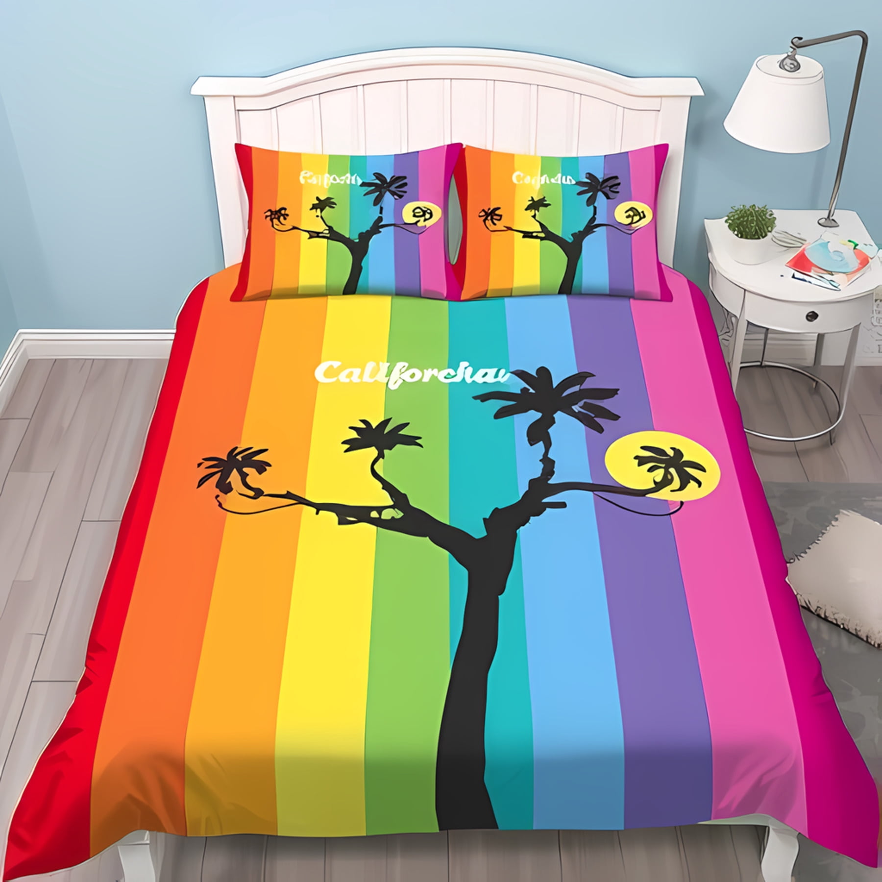 3-Piece California-Inspired Duvet Cover Set with Colorful Tree and Sun ...