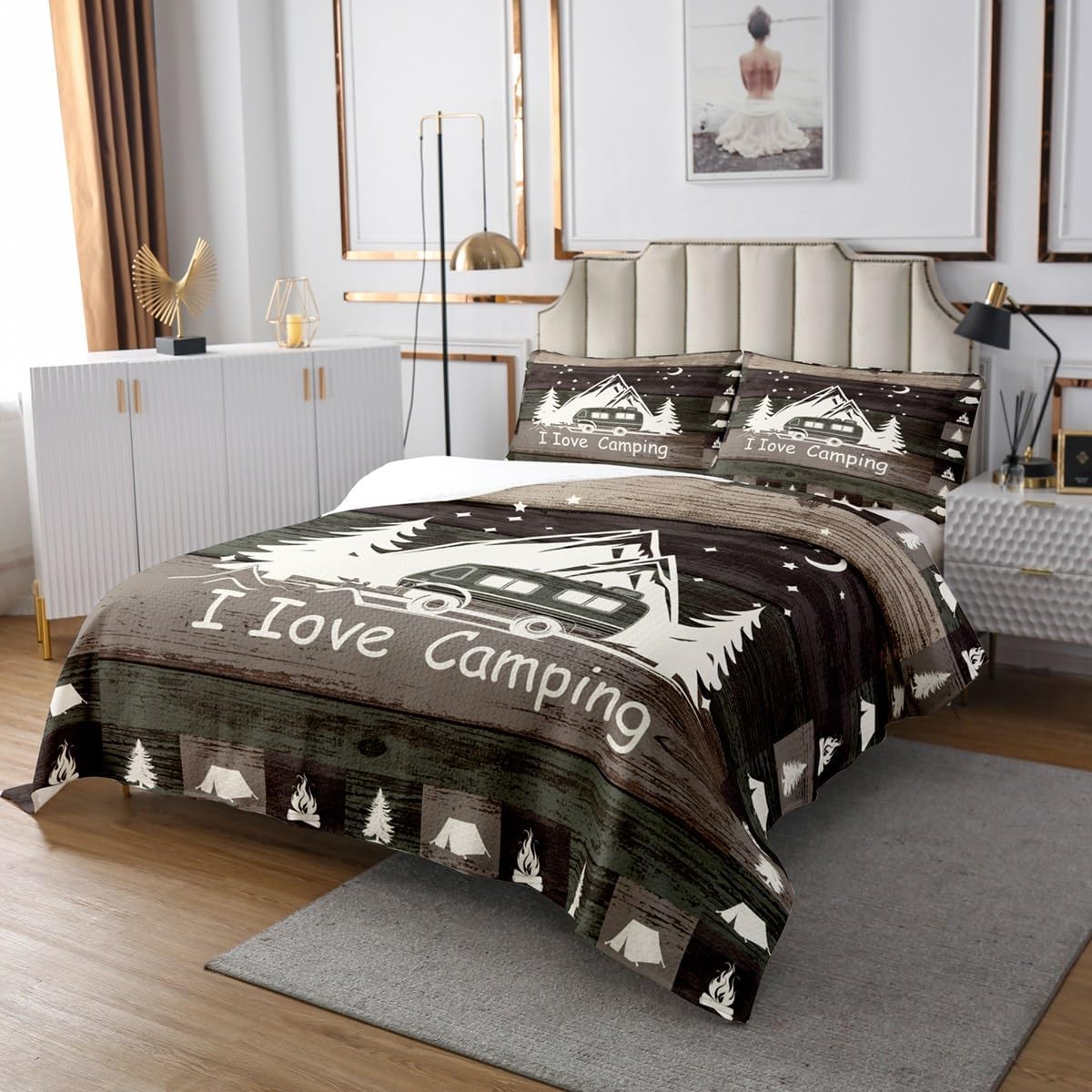 3 Piece Camping Lover Quilt Bedding Set Women Aldult Lightweight ...