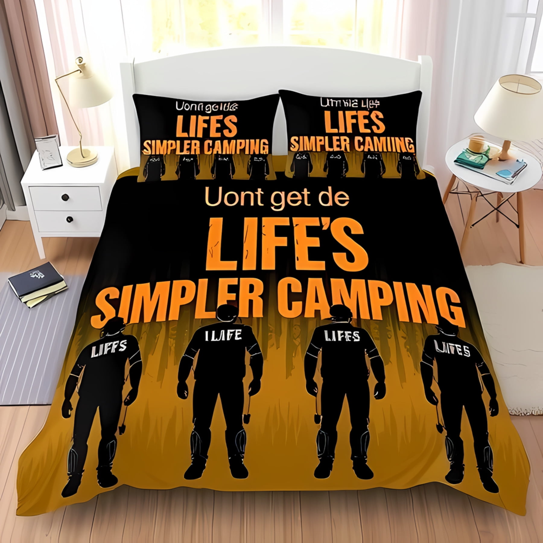 3-Piece Camping Themed Duvet Cover Set - Bold Orange 'Life's Simpler ...