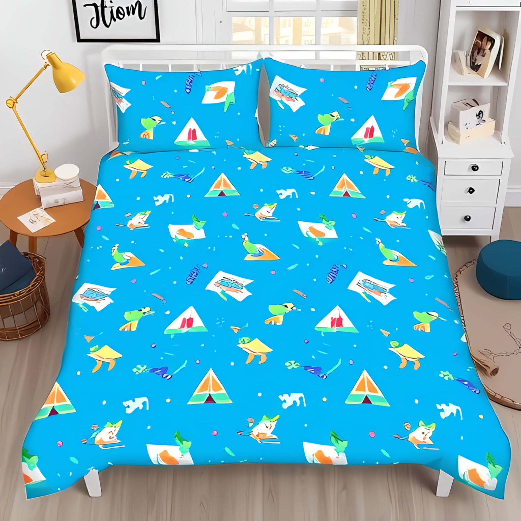 3-Piece Camping-Themed Duvet Cover Set Bright Blue with Colorful Tents ...