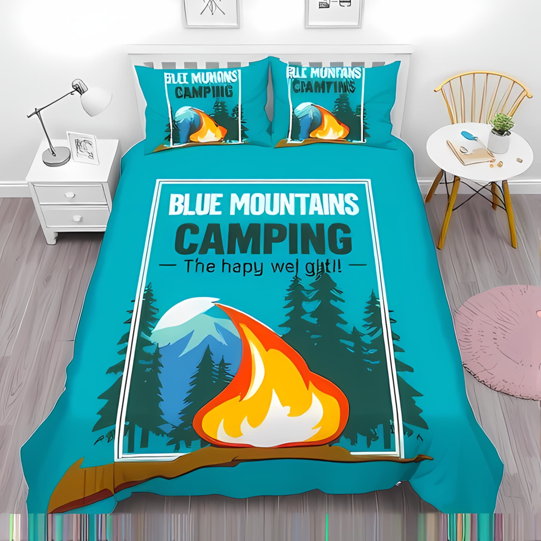 3-Piece Camping Themed Duvet Cover Set - Bright with 'BLUE MOUNTAINS ...