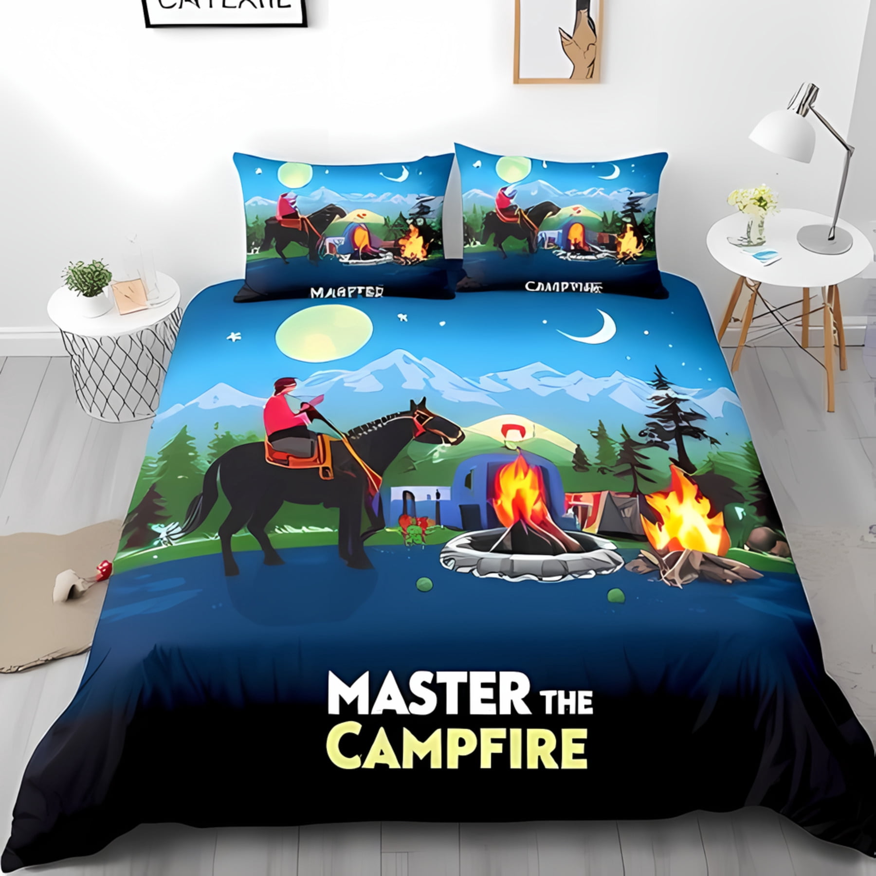 3-Piece Camping Themed Duvet Cover Set - Cowboy & Campfire Design for ...