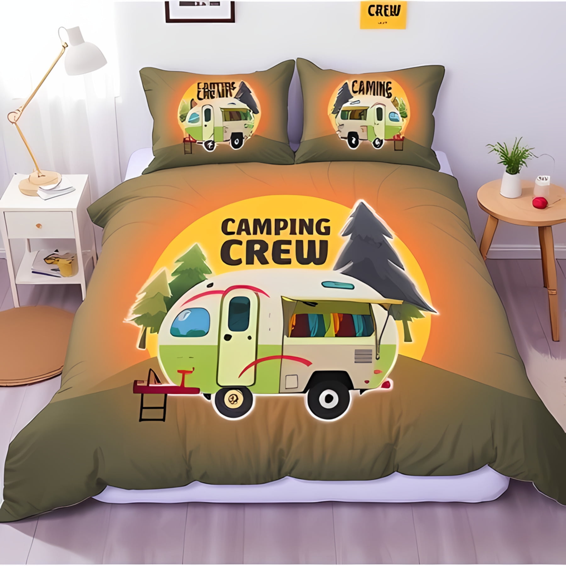3-Piece Camping-Themed Duvet Cover Set with Green Trailer Trees & Sun ...