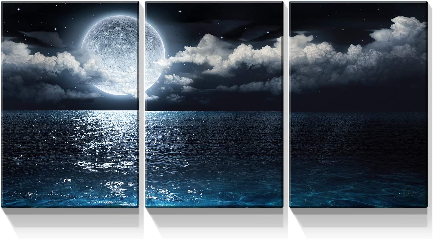 3 Piece Canvas Wall Art - Blue Ocean Under Moonlight Calmful Heart ...
