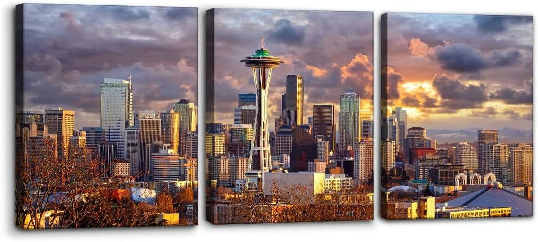 3 Piece Canvas Wall Art City Seattle Observatory Skyline at Sunset Wall ...