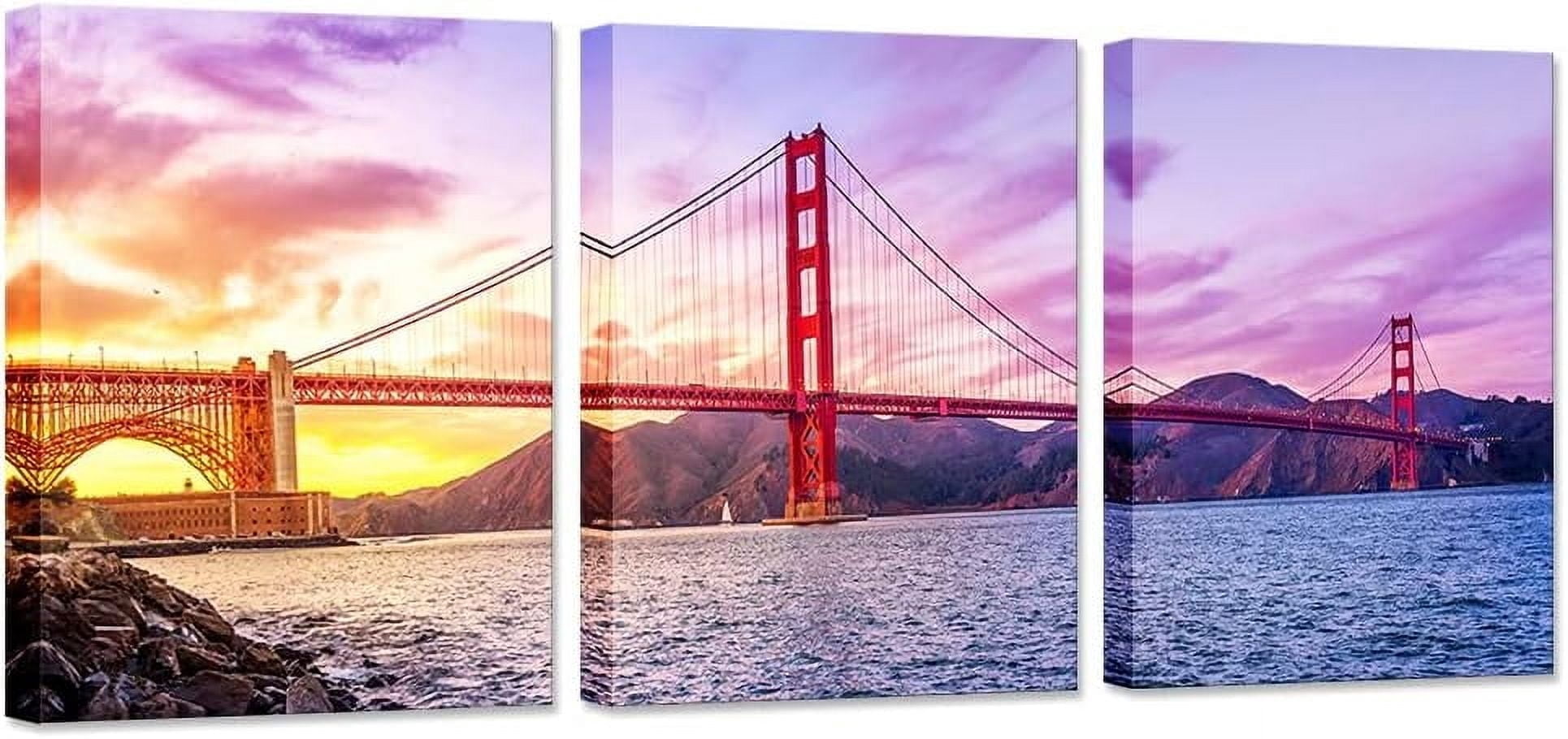 3 Piece Canvas Wall Art Golden Gate Bridge at Sunrise Landscape Picture ...