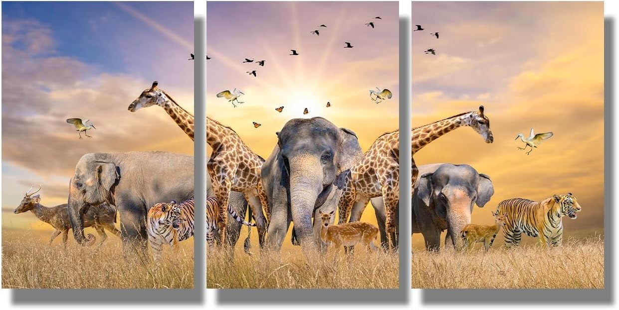 3 Piece Canvas Wall Art Group of African Safari Animals Pictures ...