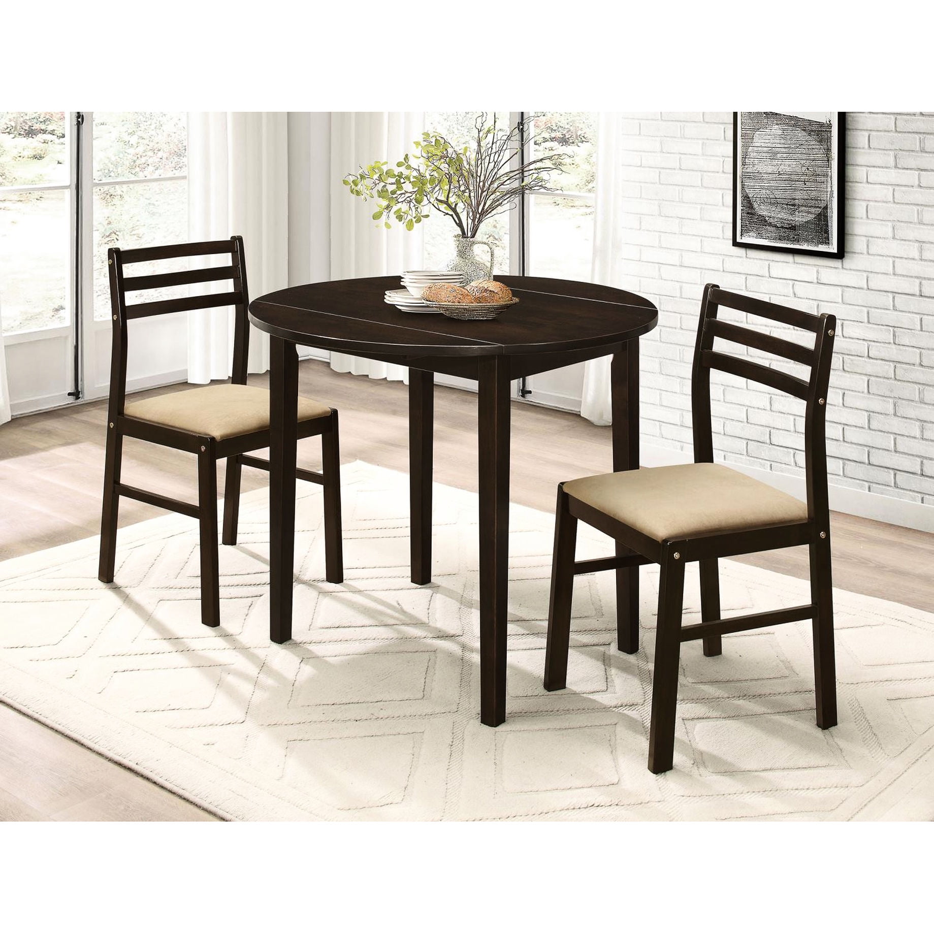 3-Piece Cappuccino Dining Table and Chair Combo | Drop Leaf for ...