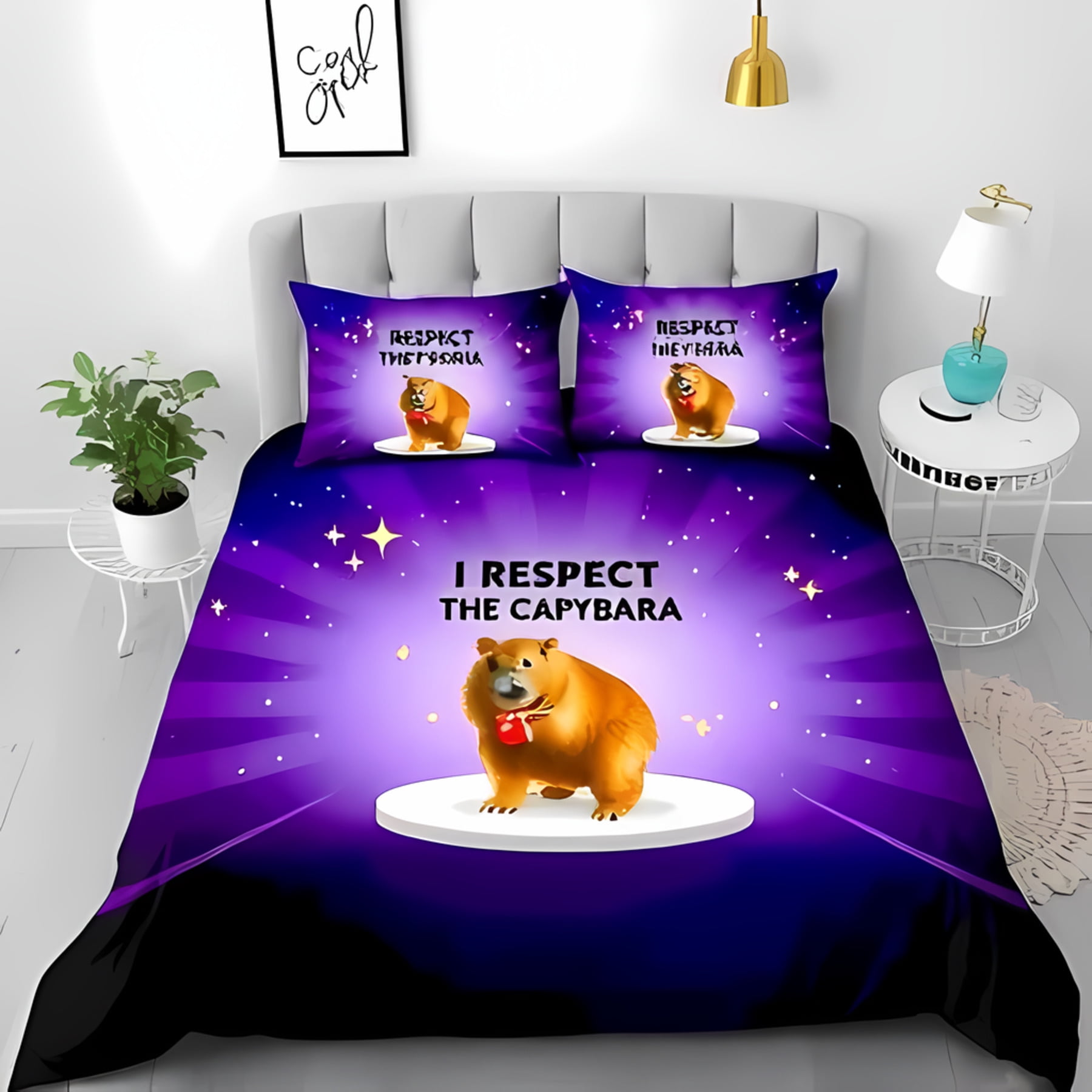 3-Piece Capybara Duvet Cover Set - Vibrant Purple with Cartoon Design ...