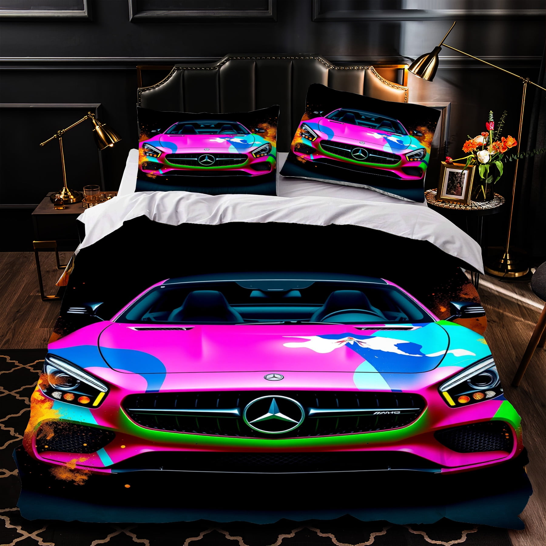 3-Piece Car-Themed Duvet Cover Set - Colorful Bedding with Black ...