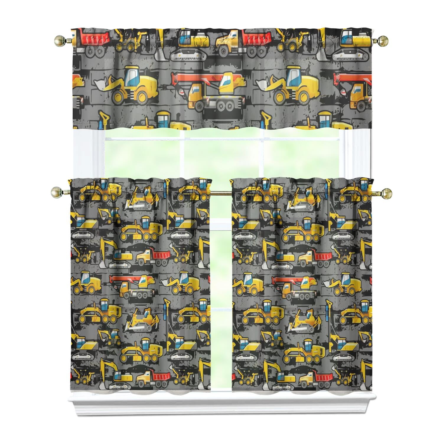 3-Piece Cartoon Car Kitchen Window Curtain Set, Construction Truck ...