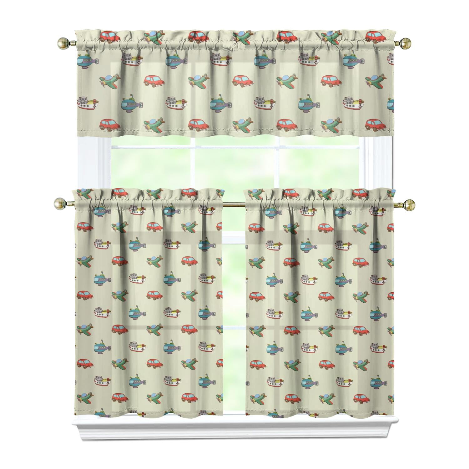 3-Piece Cartoon Car Kitchen Window Curtain Set, Construction Truck ...