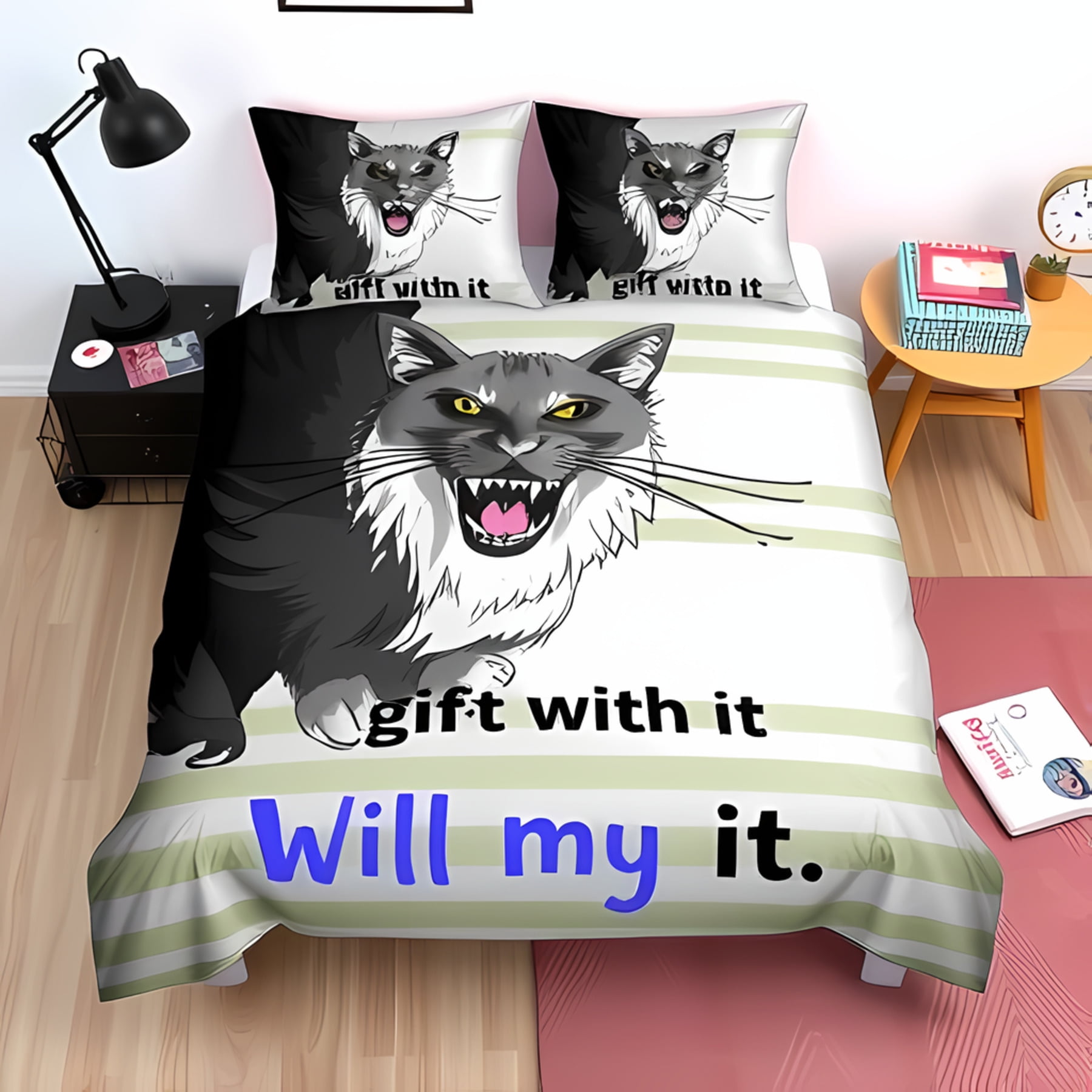 3-Piece Cartoon Cat Duvet Cover Set - Angry Cat Design with Green and ...