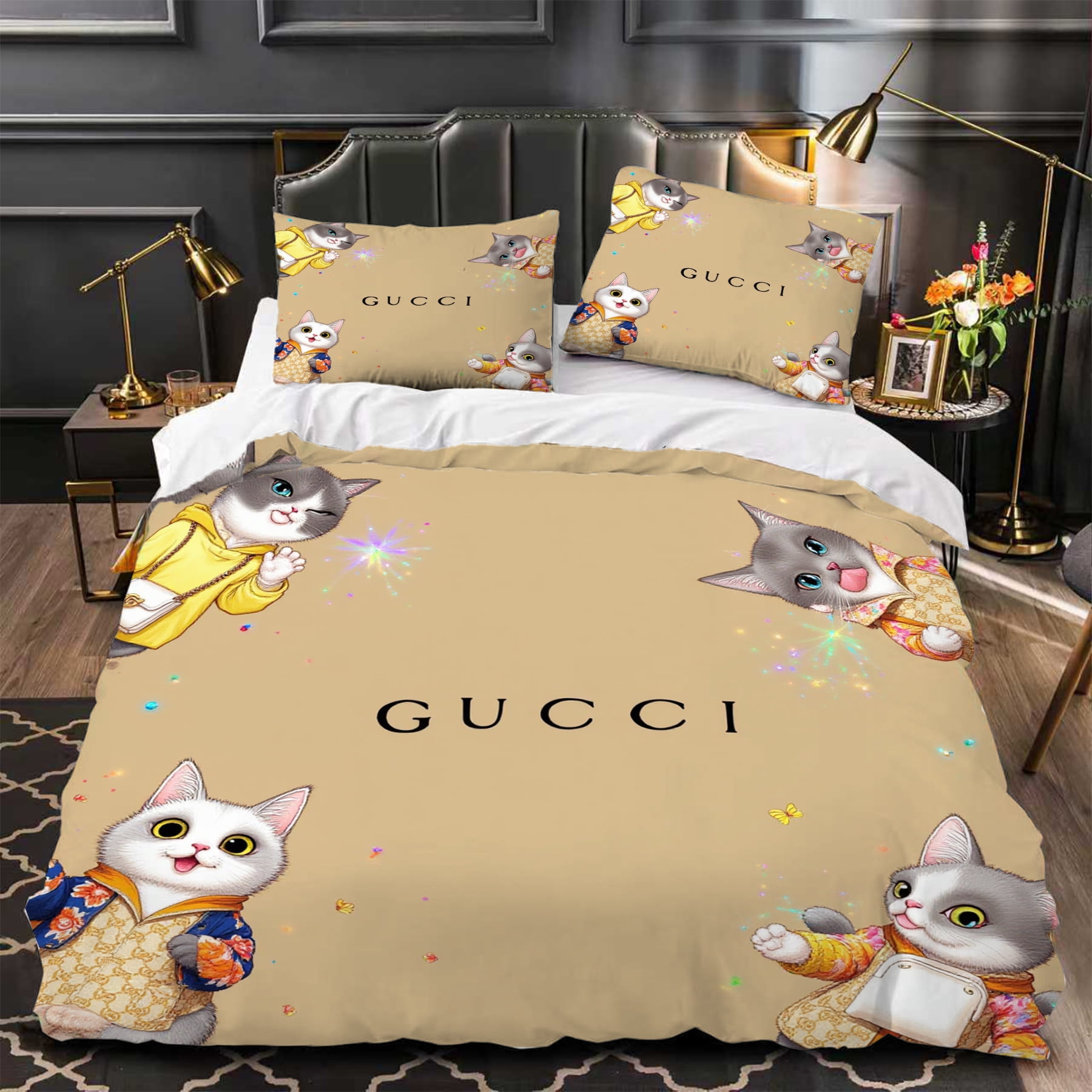 3-Piece Cartoon Cat Duvet Cover Set - Beige with Colorful Kimono Cats ...