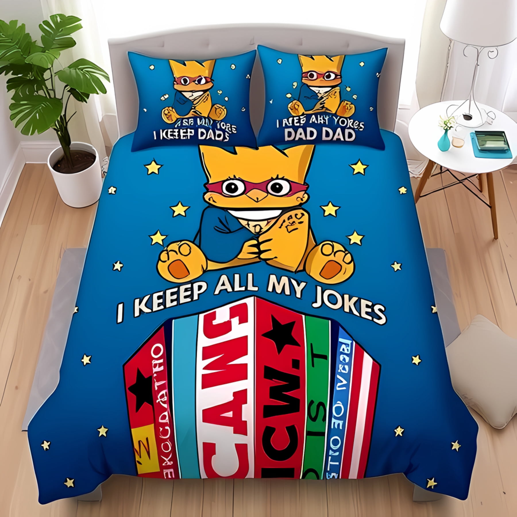 3-Piece Cartoon Cat Duvet Cover Set - Blue Bedding with Cat Book & Star ...