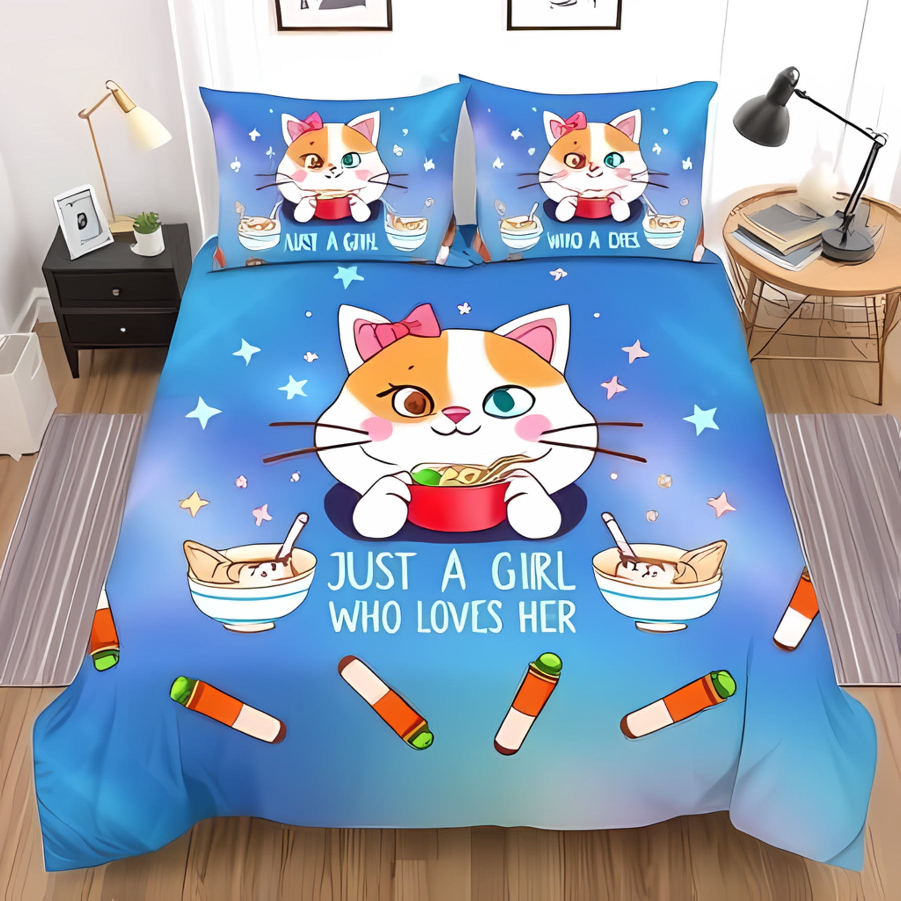 3-Piece Cartoon Cat Duvet Cover Set - Vibrant Blue with Ramen Noodles ...