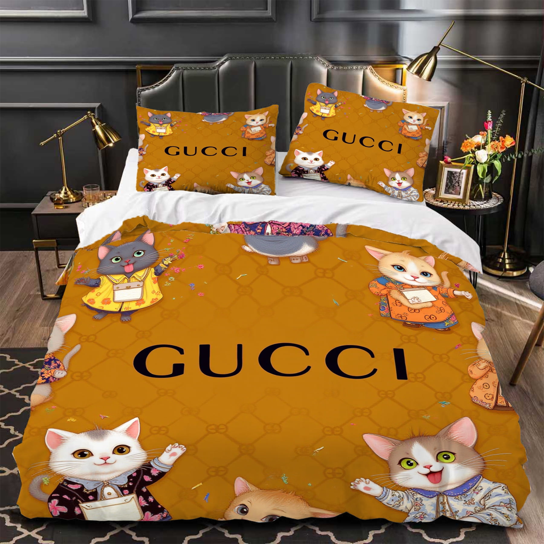 3-Piece Cartoon Cat Duvet Cover Set - Vibrant Brown Bedding with ...