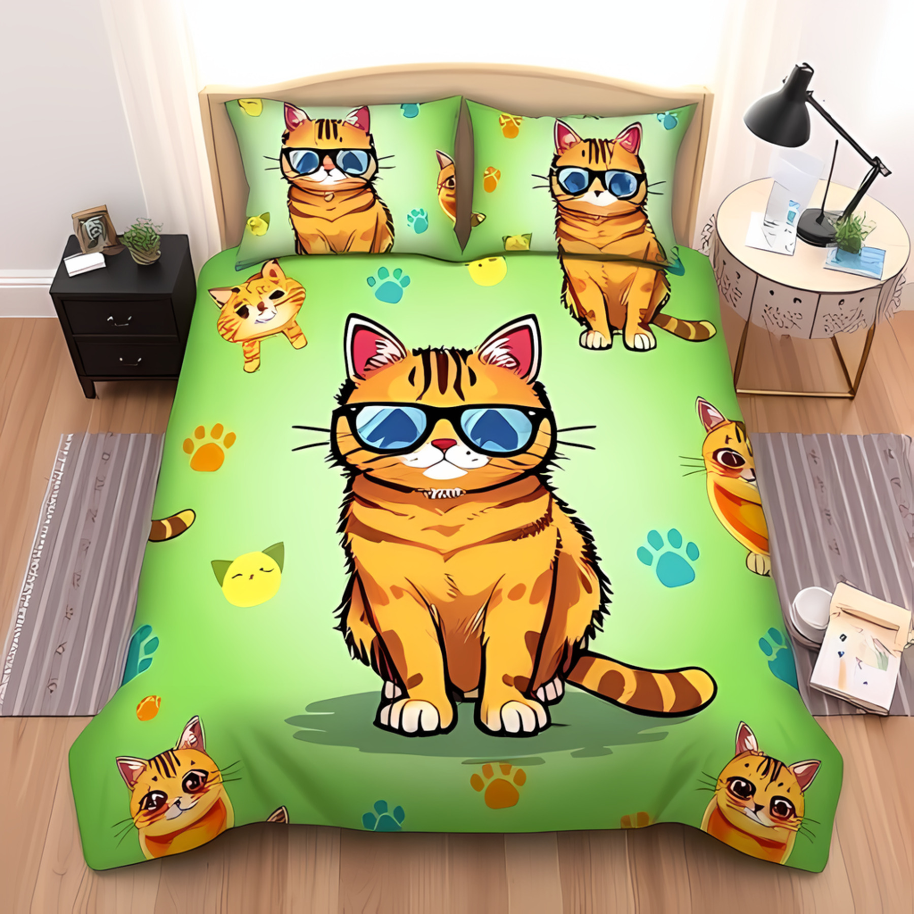 3-Piece Cartoon Cat Duvet Cover Set - Vibrant Green with Playful Orange ...