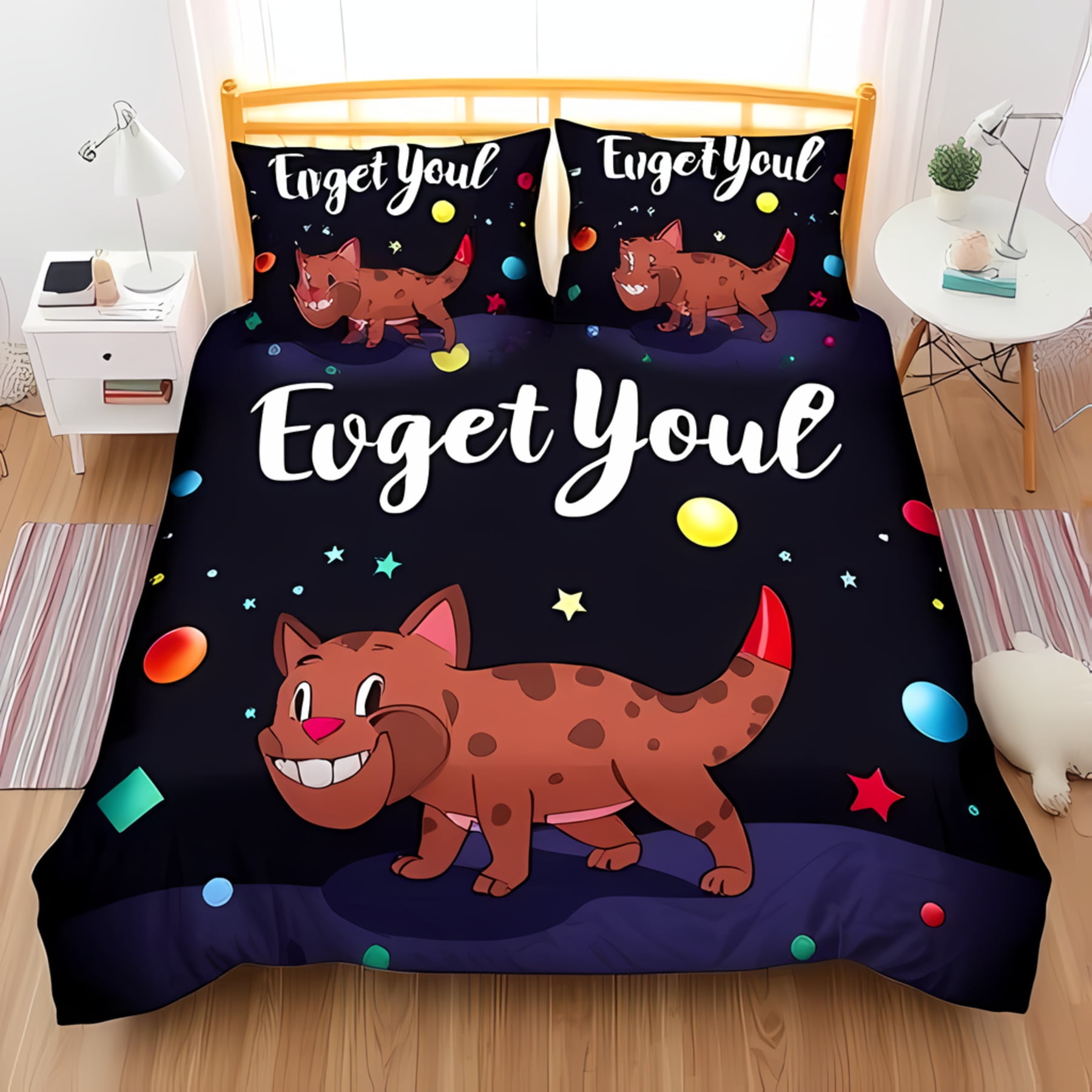 3-Piece Cartoon Cat Duvet Cover Set - Whimsical Bedding with Planets ...