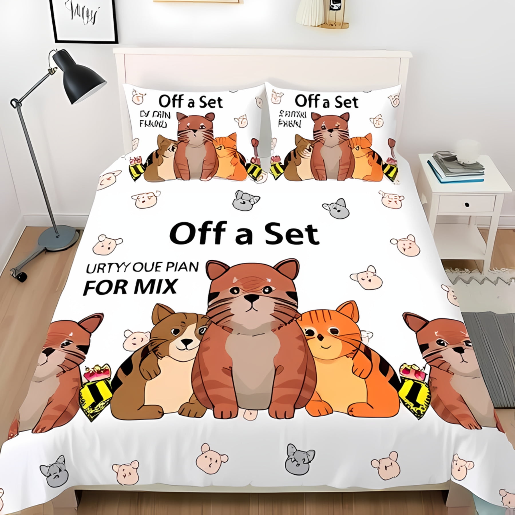 3-Piece Cartoon Cat Duvet Cover Set - Whimsical Feline Design with 'Off ...