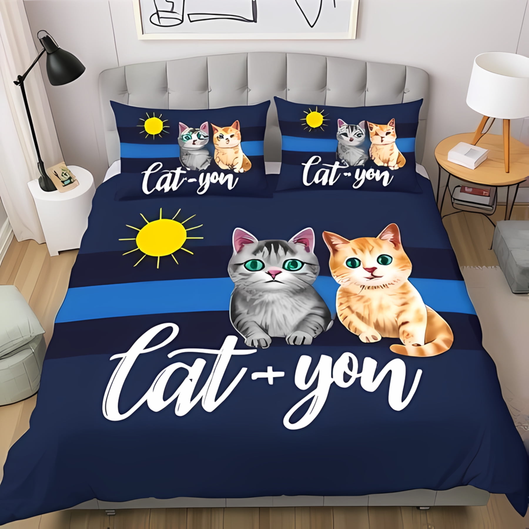 3-Piece Cartoon Cat Duvet Cover Set with Whimsical 'Cat + Yon' Phrase ...