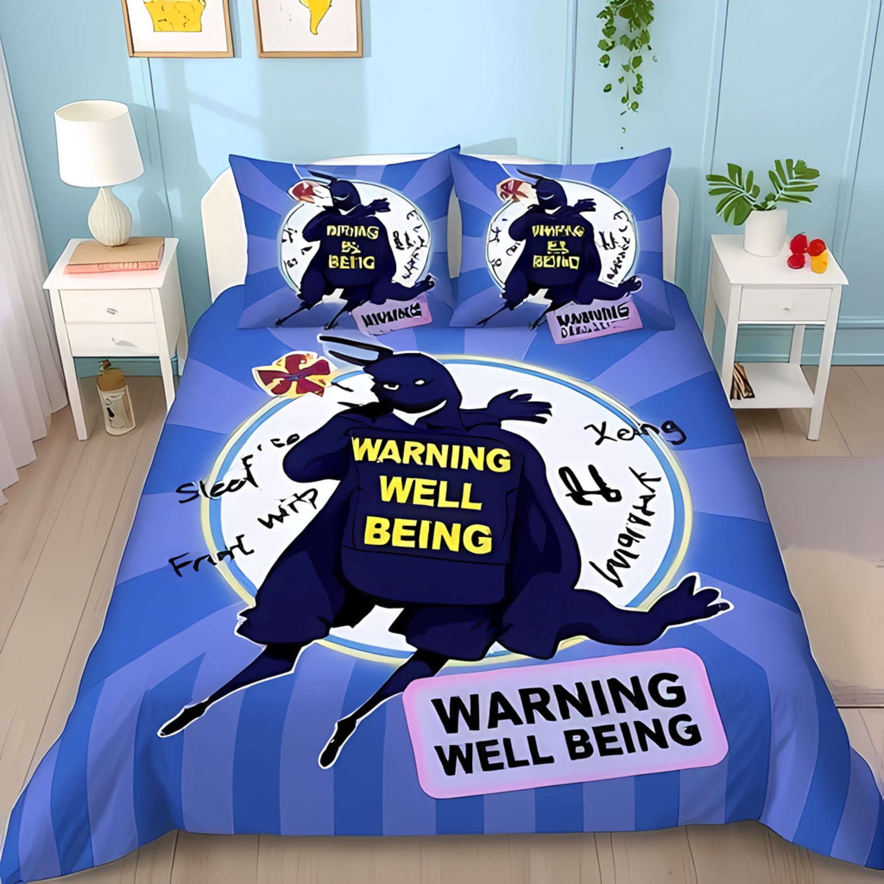 3-Piece Cartoon Character Duvet Cover Set - Blue & Purple Bedspread ...
