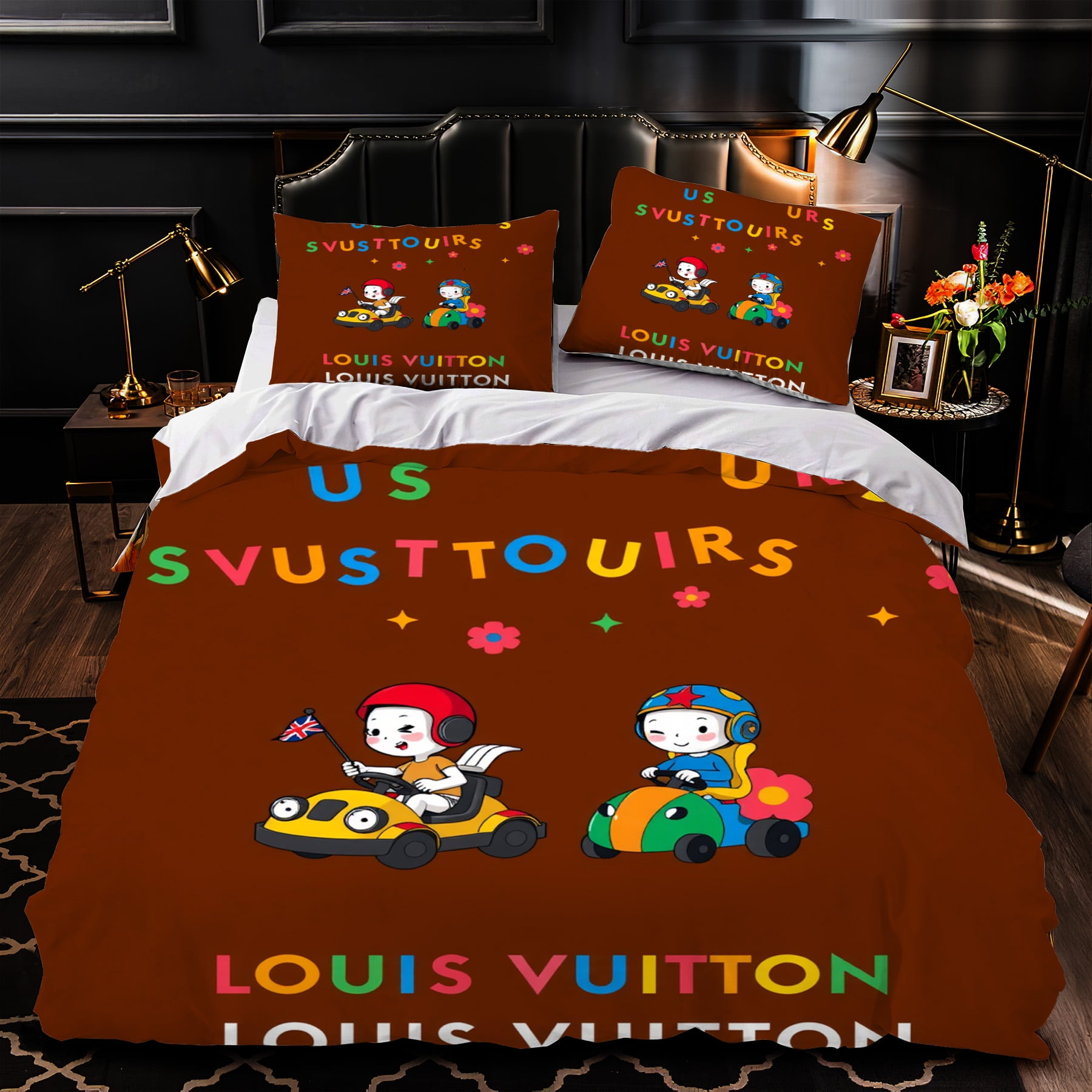 3-Piece Cartoon Character Duvet Cover Set - Brown with Colorful Print ...