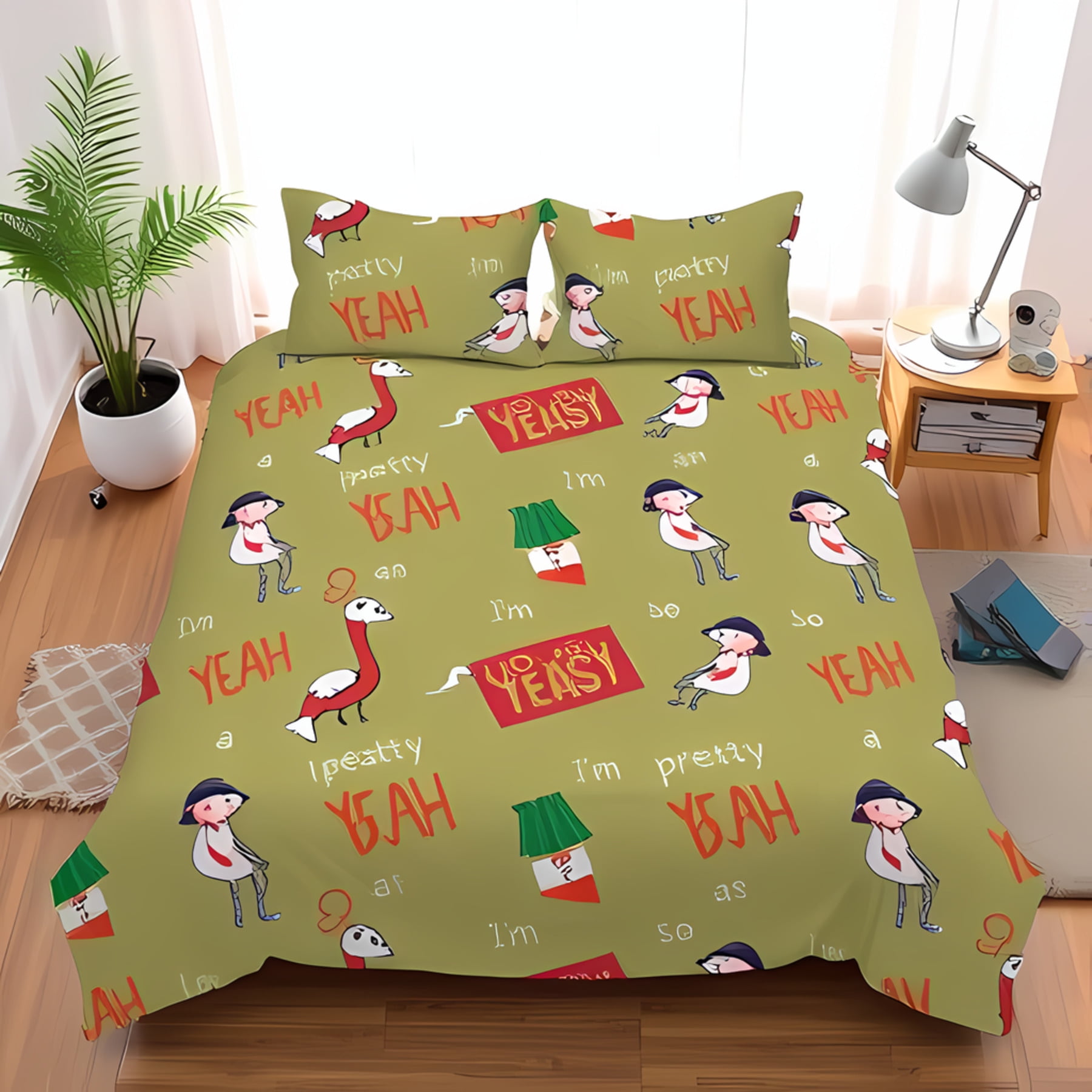 3-Piece Cartoon Character Duvet Cover Set - Green Bedding with Playful ...