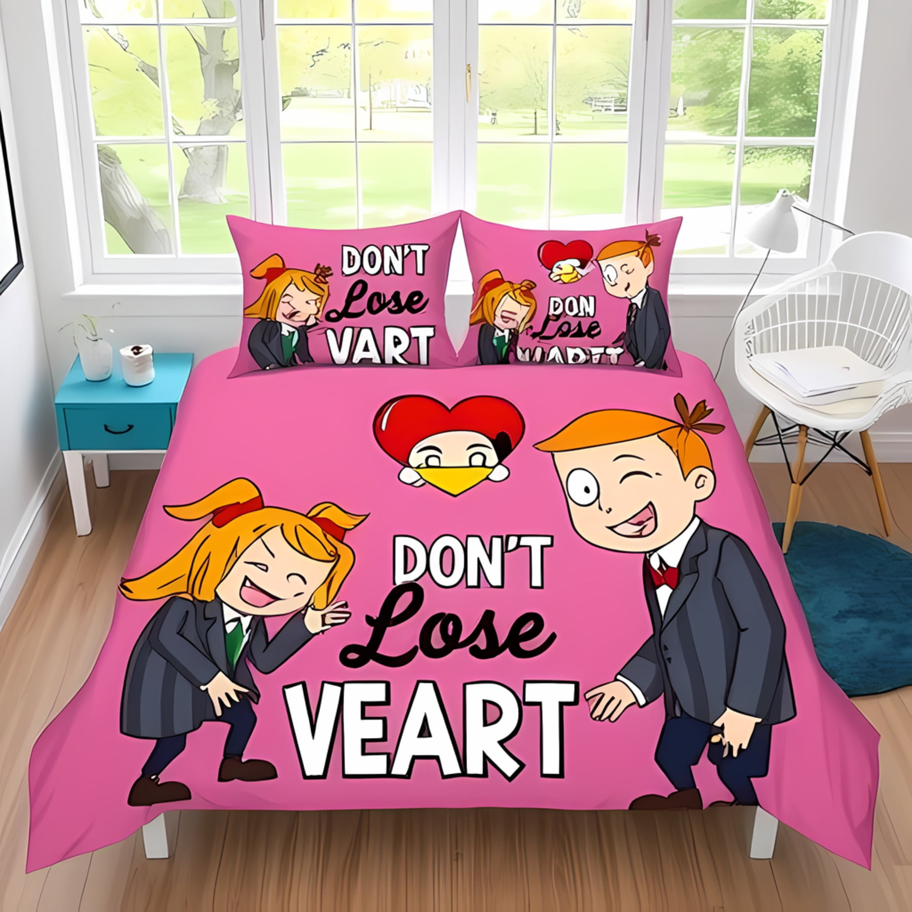 3-Piece Cartoon Character Duvet Cover Set with Pink Bedspread Suits ...