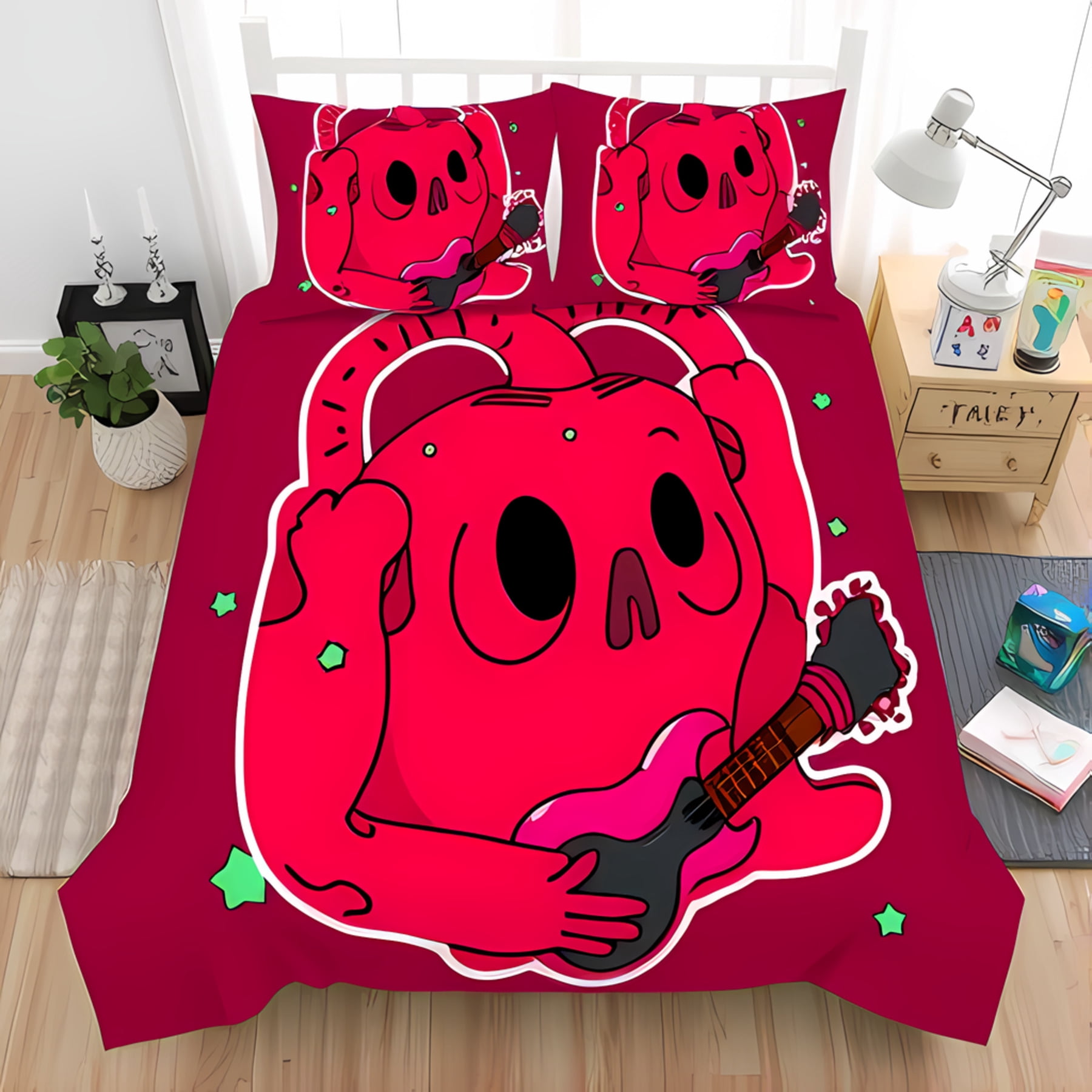 3-Piece Cartoon Character Duvet Cover Set - Red Duvet with Surprised ...