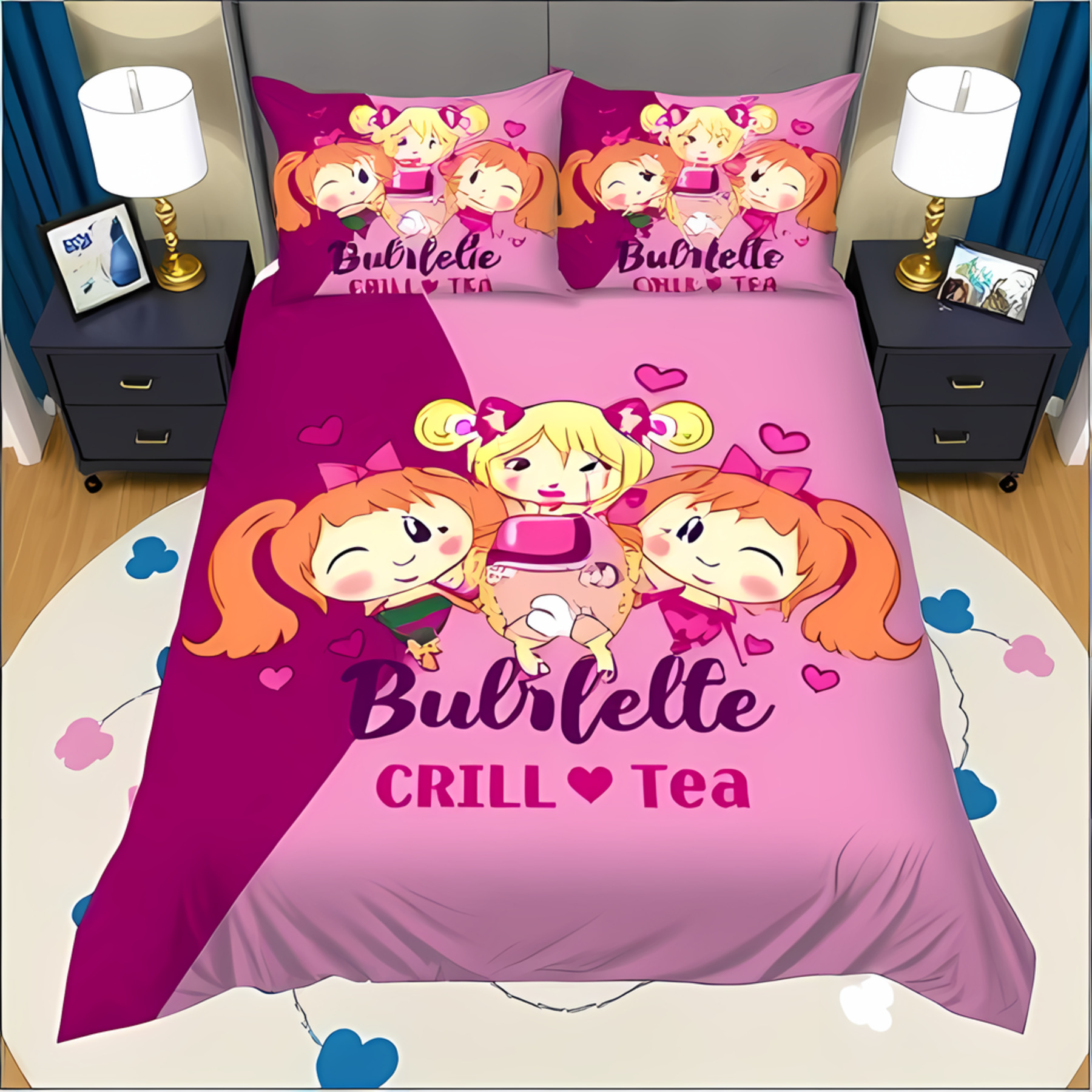 3-Piece Cartoon Character Duvet Cover Set in Pink and Purple with ...