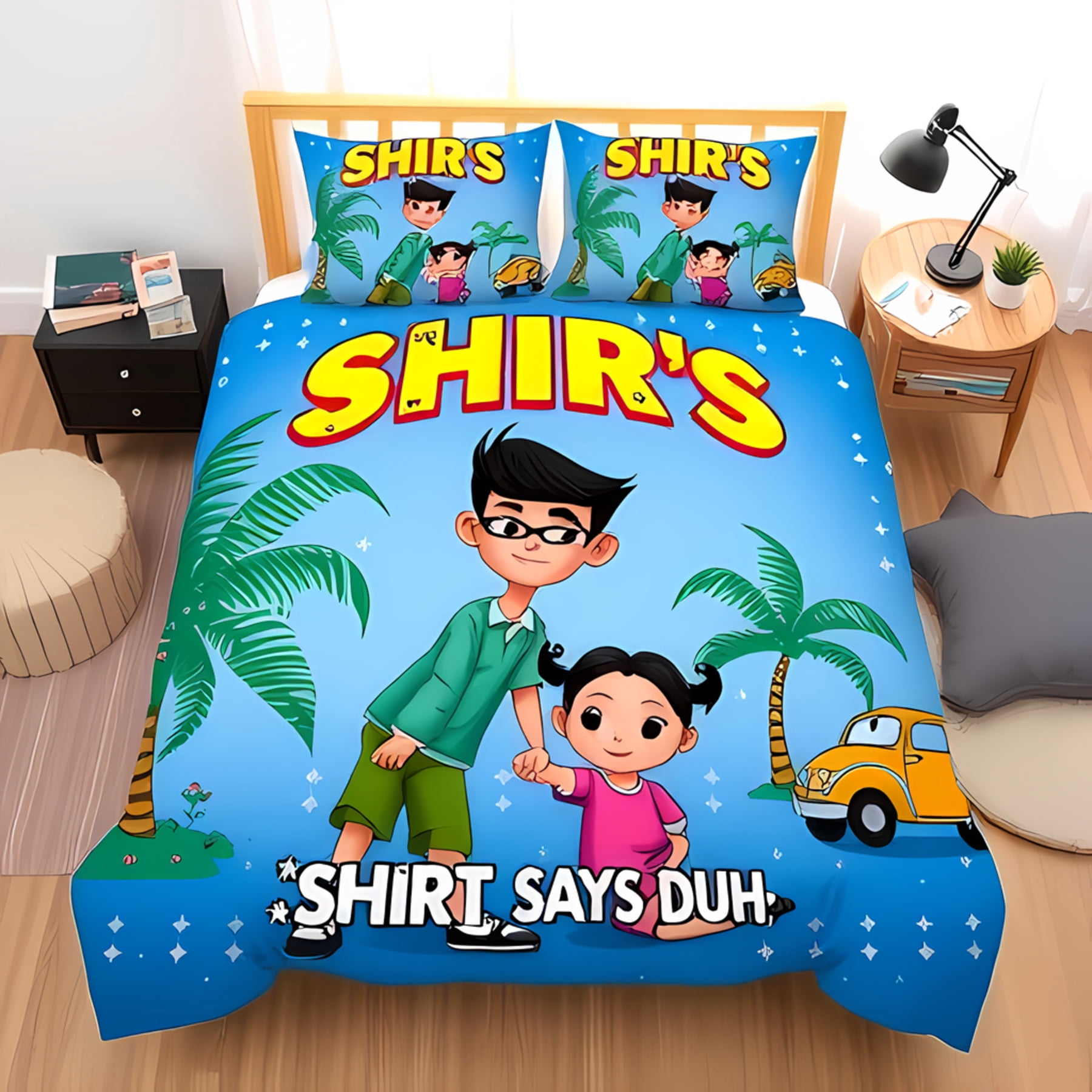 3-Piece Cartoon Character Duvet Cover Set with Colorful Bedspread Trees ...