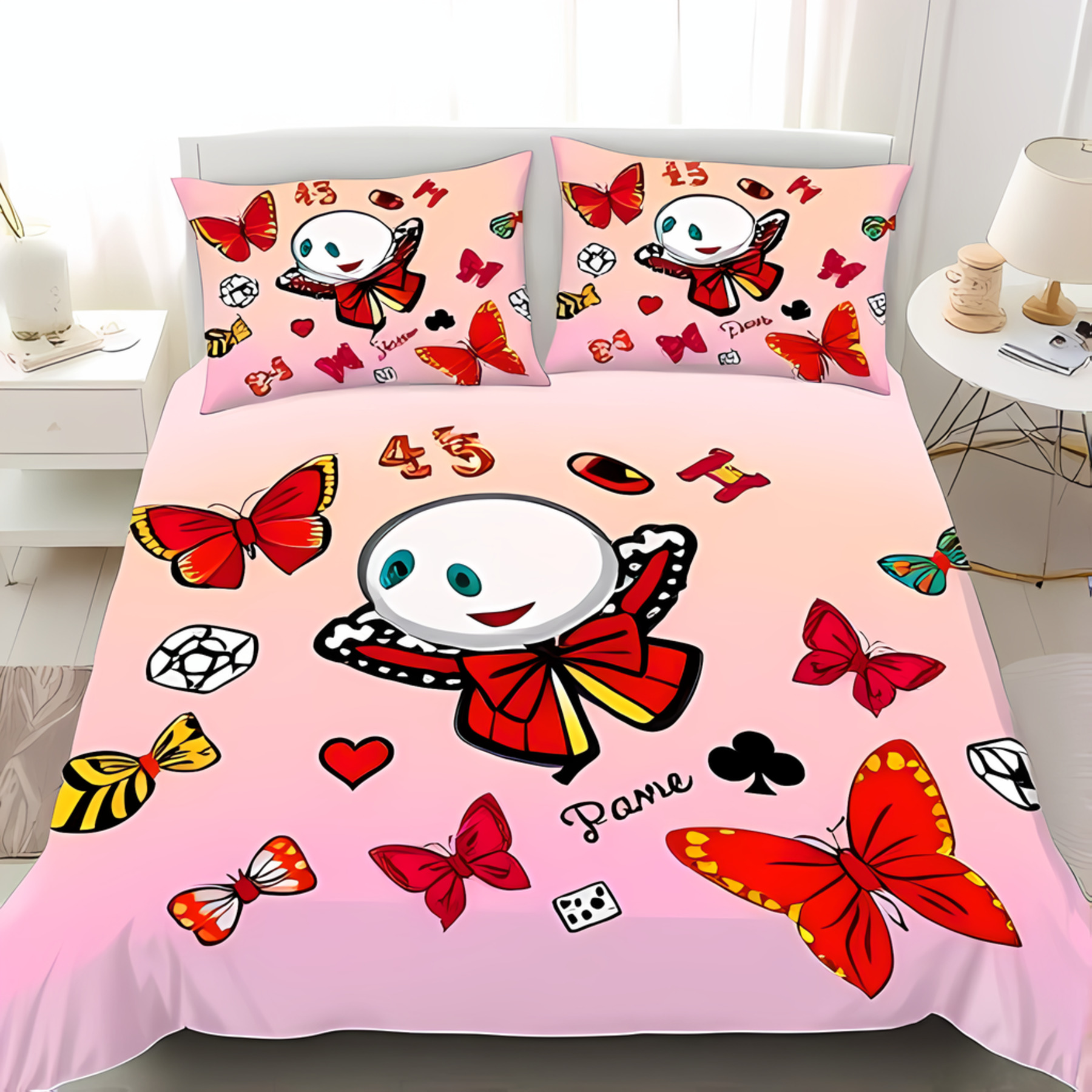 3-Piece Cartoon Character Duvet Cover Set with Colorful Butterflies ...