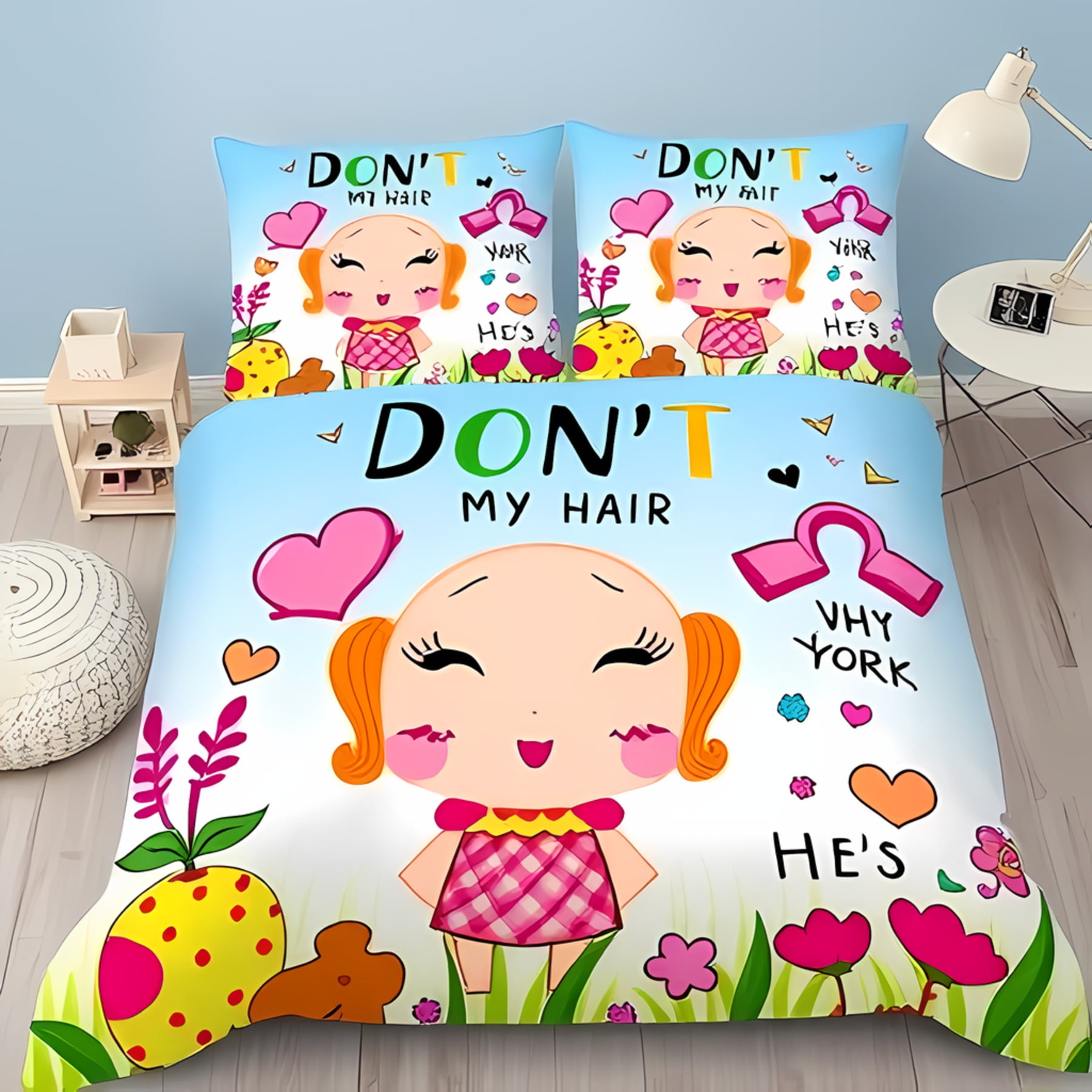 3-Piece Cartoon Character Duvet Cover Set with Pigtails Flowers ...