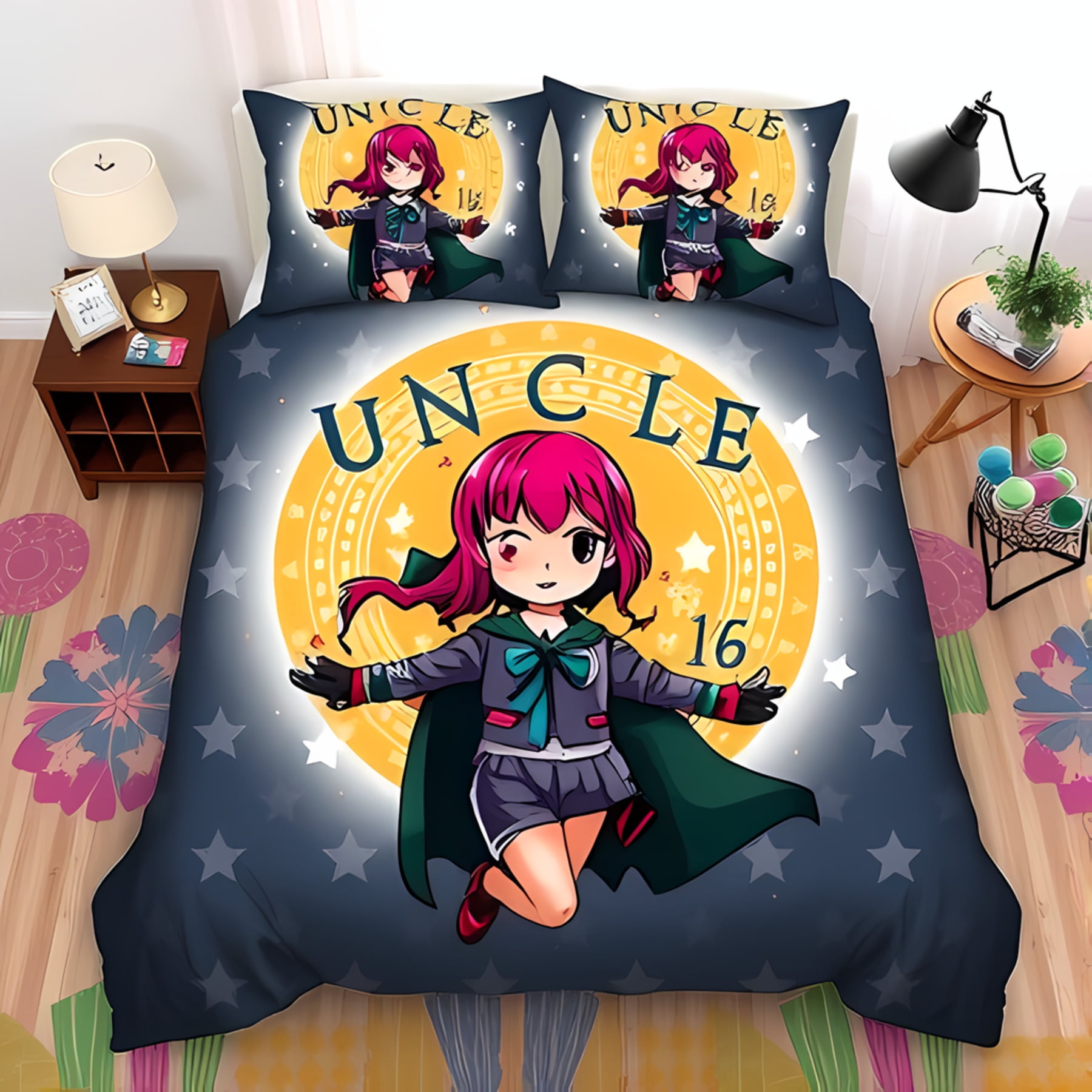 3-Piece Cartoon Character Duvet Cover Set with Pink Hair & Green Cape ...