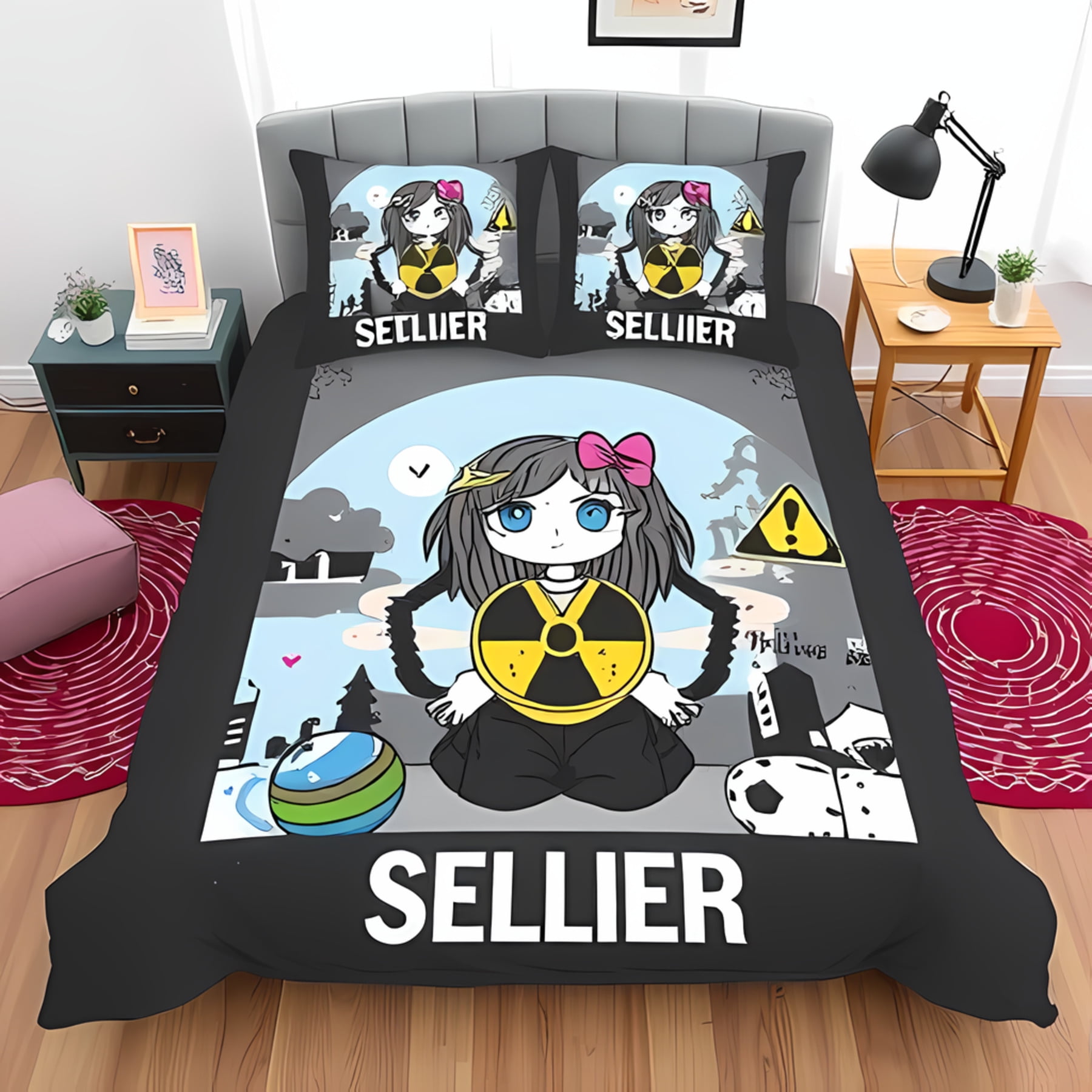 3-Piece Cartoon Character Duvet Cover Set with Symbol Gray Hair & Pink ...