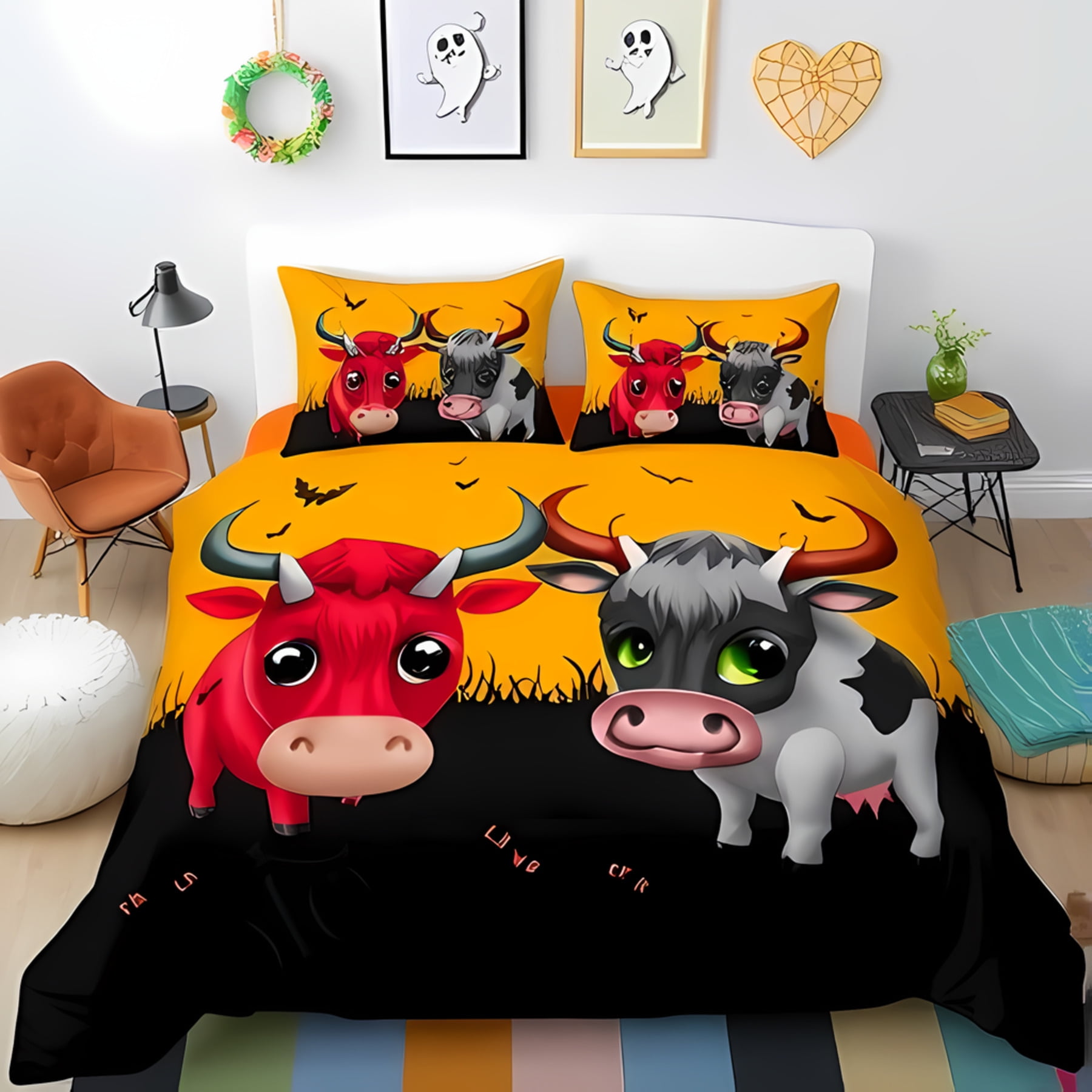 3-Piece Cartoon Cow Duvet Cover Set - Whimsical Red & Black-White Cows ...